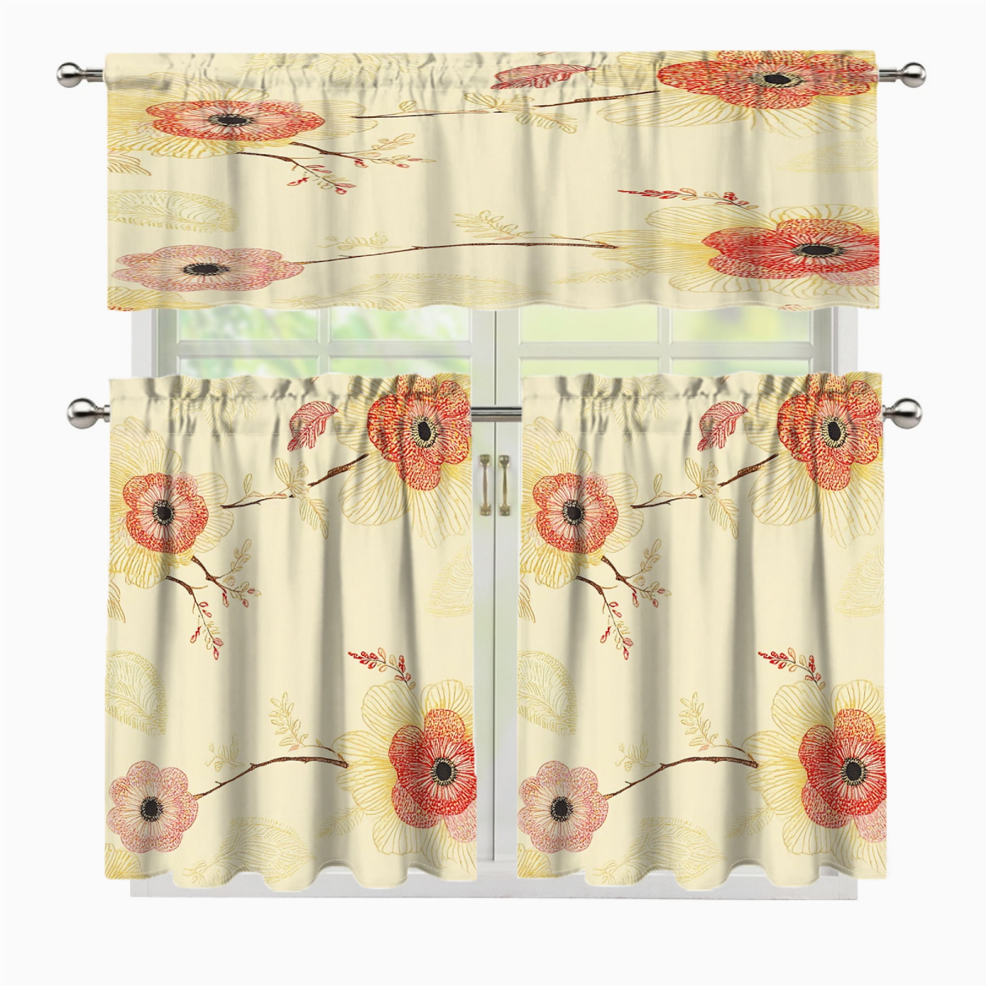 3 Pcs Kitchen Curtains Valance and Tiers Set Elegant floral cream ...