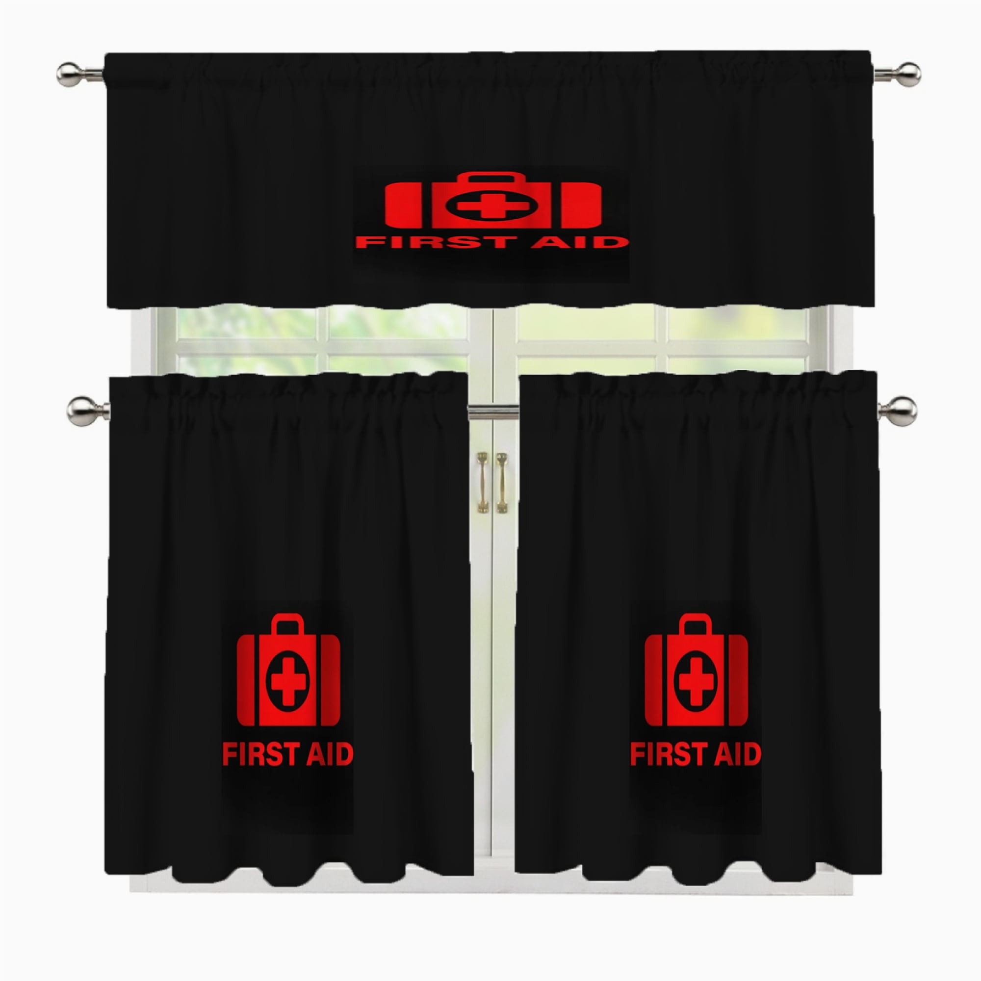 3 Pcs Kitchen Curtains Valance and Tiers Set FIRST AID For Cafe ...