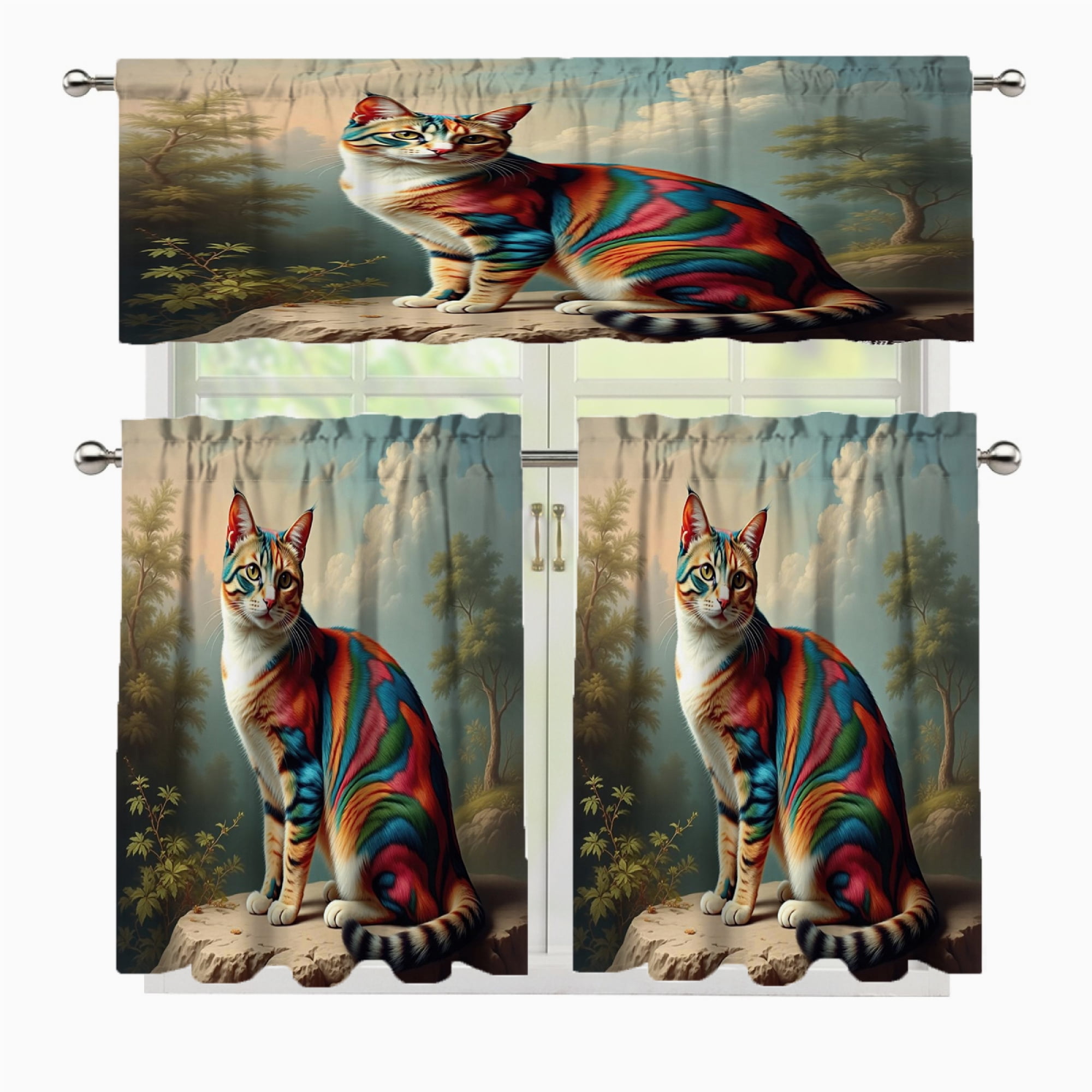 3 Pcs Kitchen Curtains Valance and Tiers Set Fantasy harlequin cats For ...