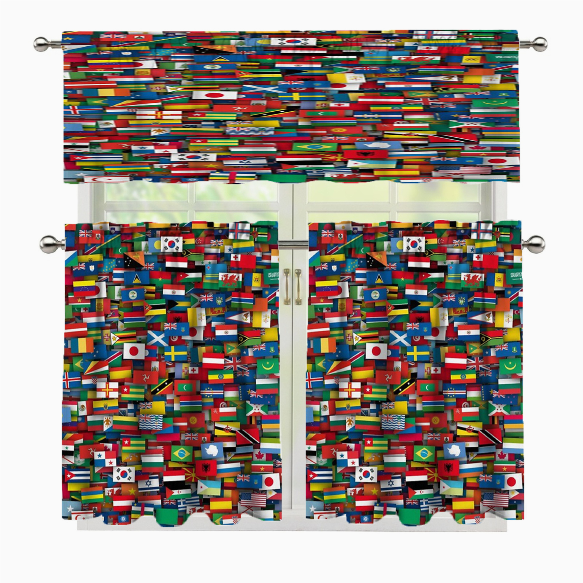 3 Pcs Kitchen Curtains Valance and Tiers Set Flags of all countries of ...
