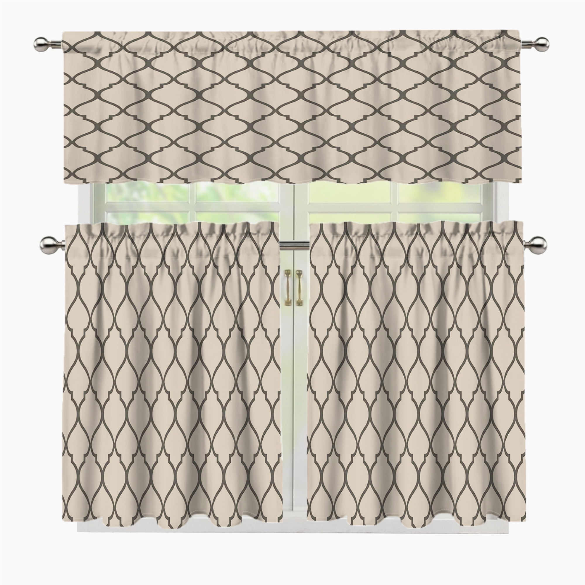 3 Pcs Kitchen Curtains Valance and Tiers Set Flat Outline Moroccan ...