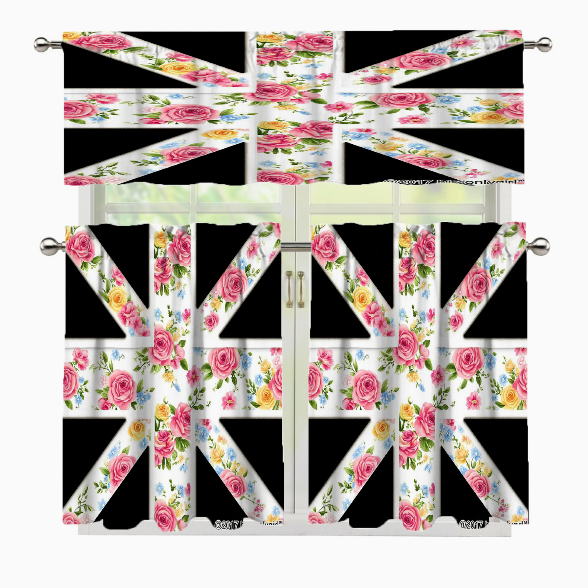 3 Pcs Kitchen Curtains Valance and Tiers Set Floral Pattern Union Jack ...