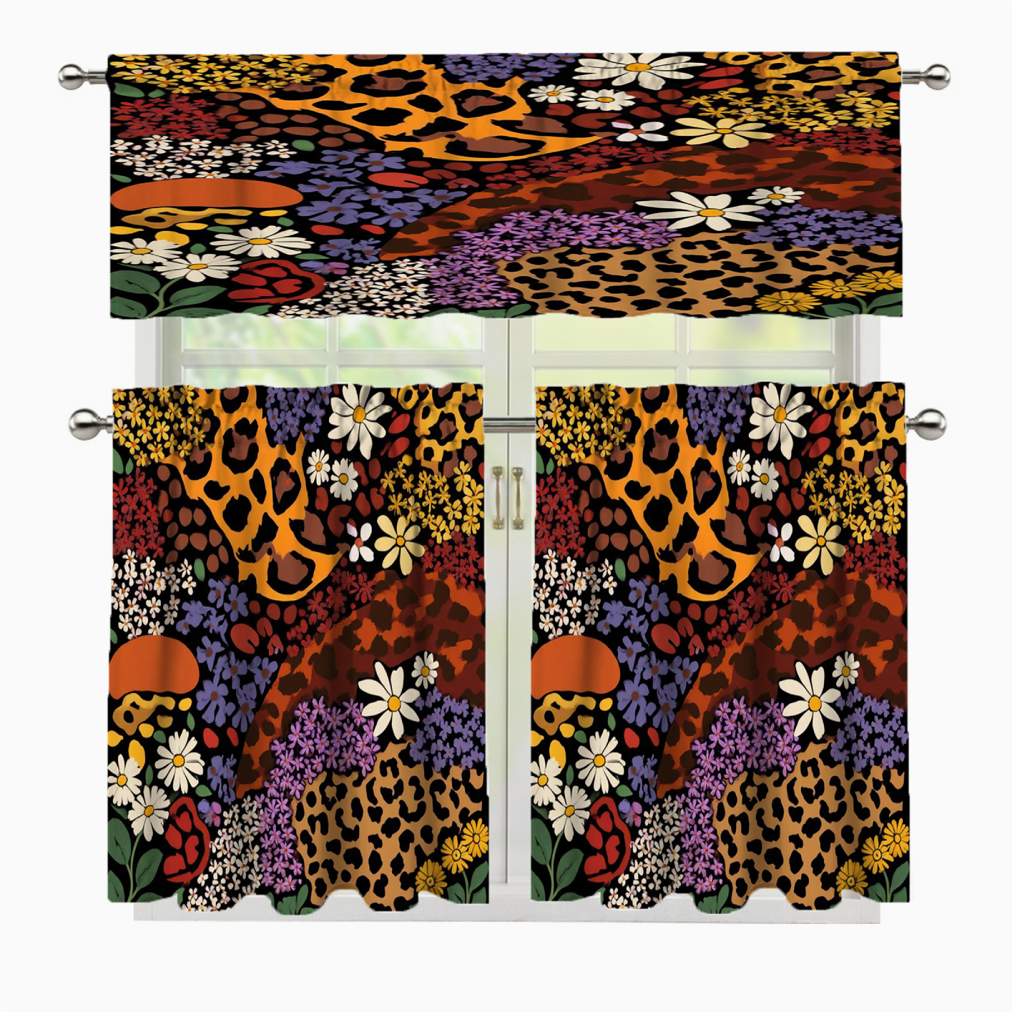 3 Pcs Kitchen Curtains Valance and Tiers Set Floral leopard print ...