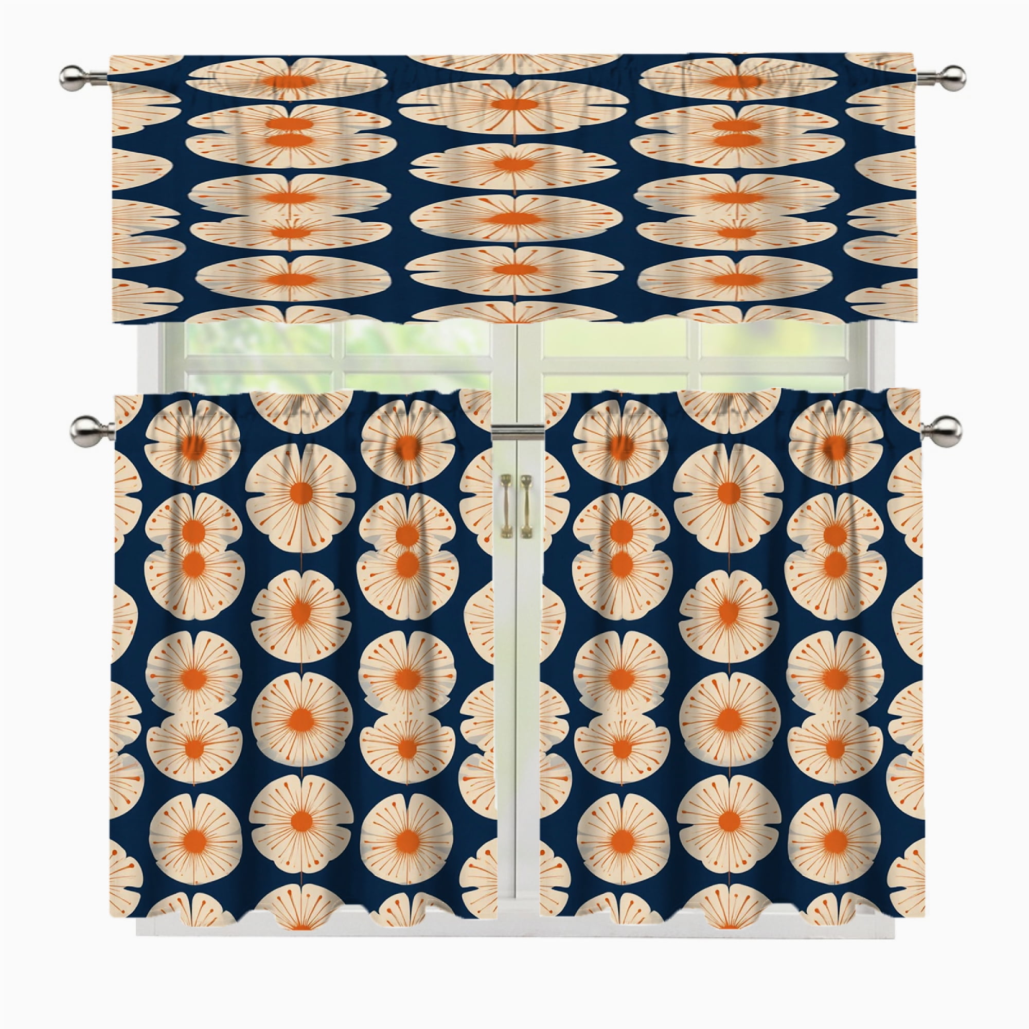 3 Pcs Kitchen Curtains Valance and Tiers Set Floral pattern navy ...