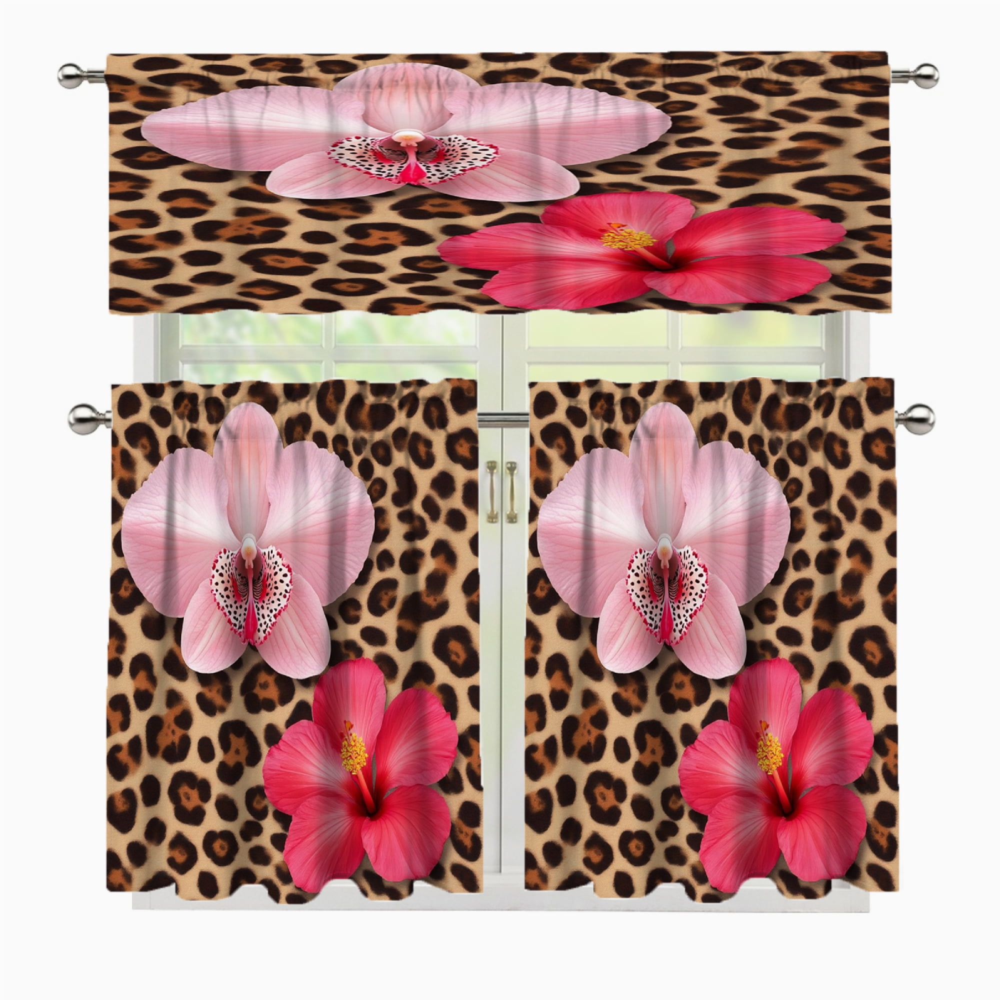 3 Pcs Kitchen Curtains Valance and Tiers Set Flowers leopard print ...
