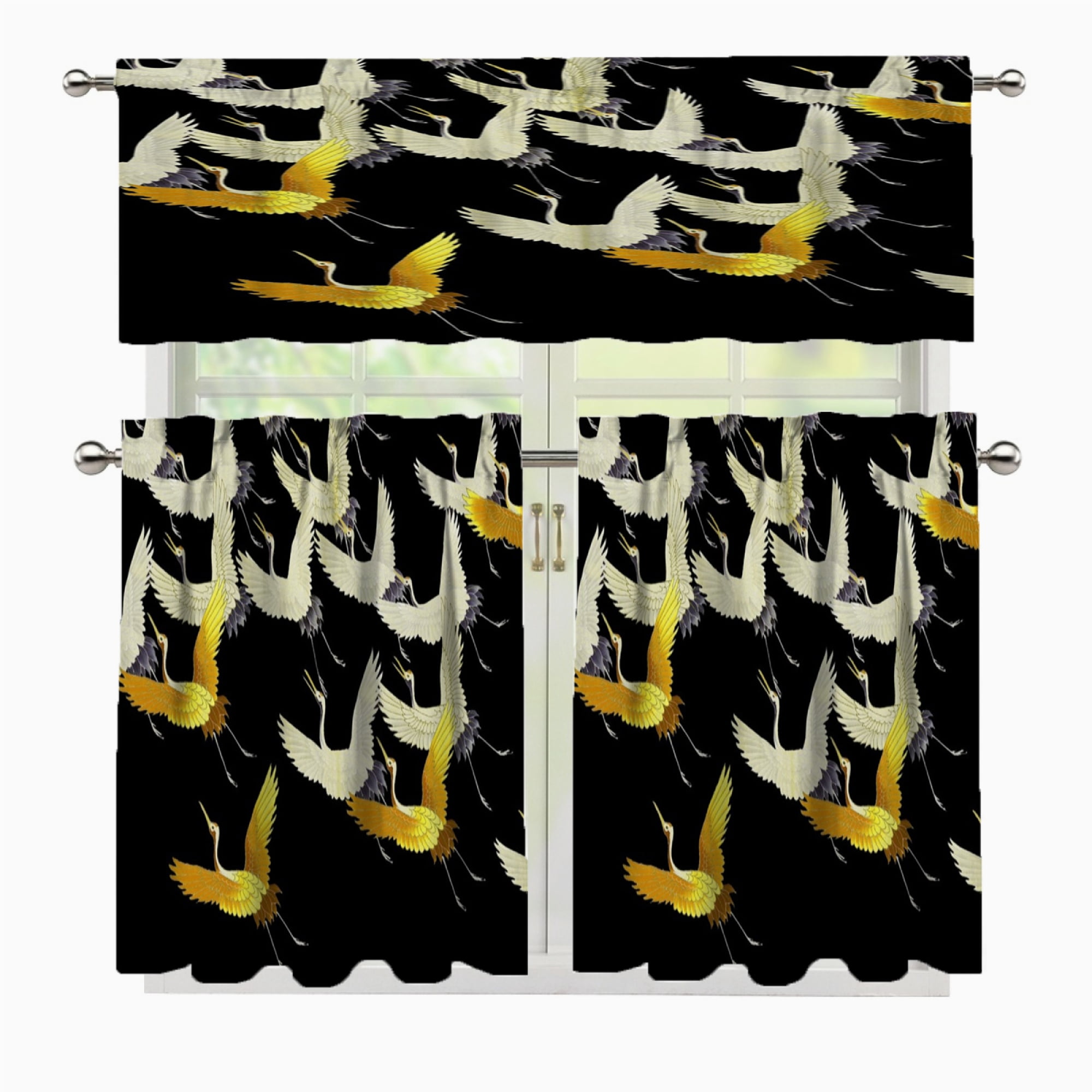 3 Pcs Kitchen Curtains Valance and Tiers Set GOLD YELLOW WHITE FLYING ...