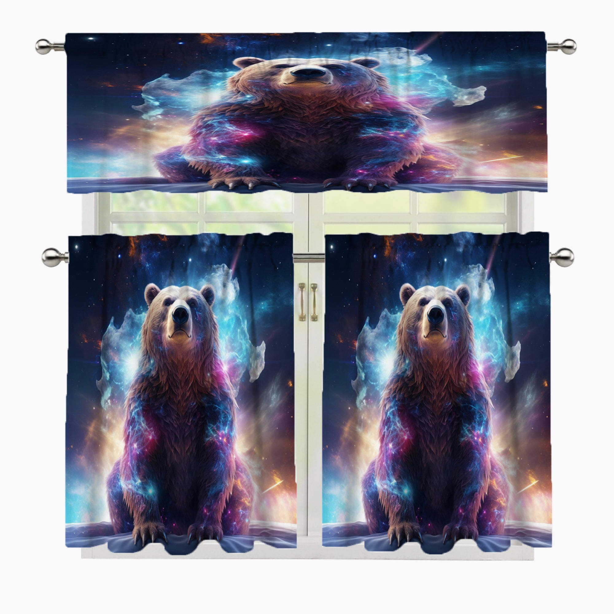 3 Pcs Kitchen Curtains Valance and Tiers Set Galactic Bear in Space For ...