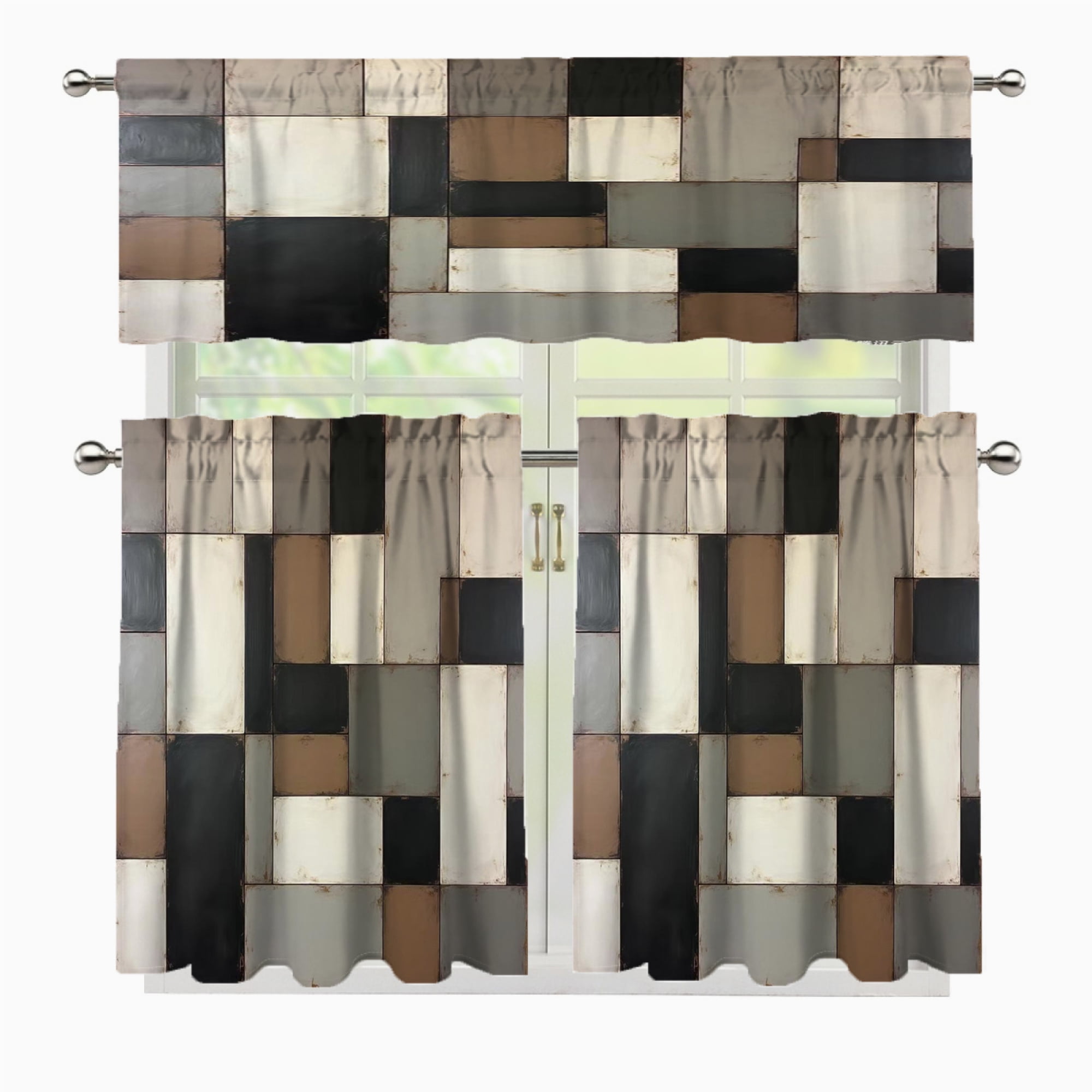 3 Pcs Kitchen Curtains Valance and Tiers Set Geometric modern art brown gray black For Cafe ...