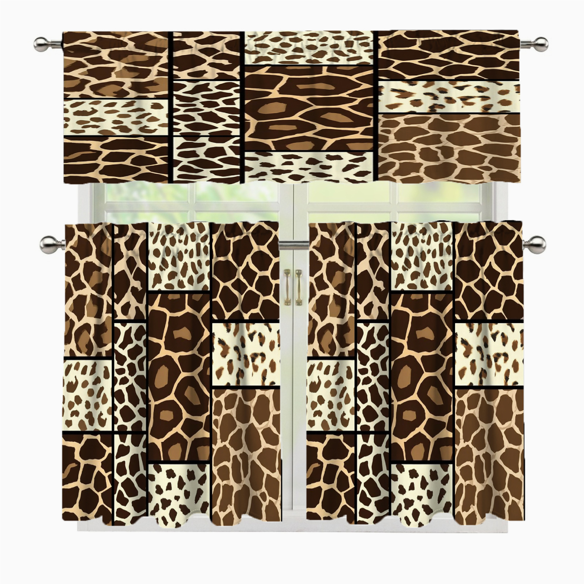 3 Pcs Kitchen Curtains Valance and Tiers Set Giraffe print patchwork ...