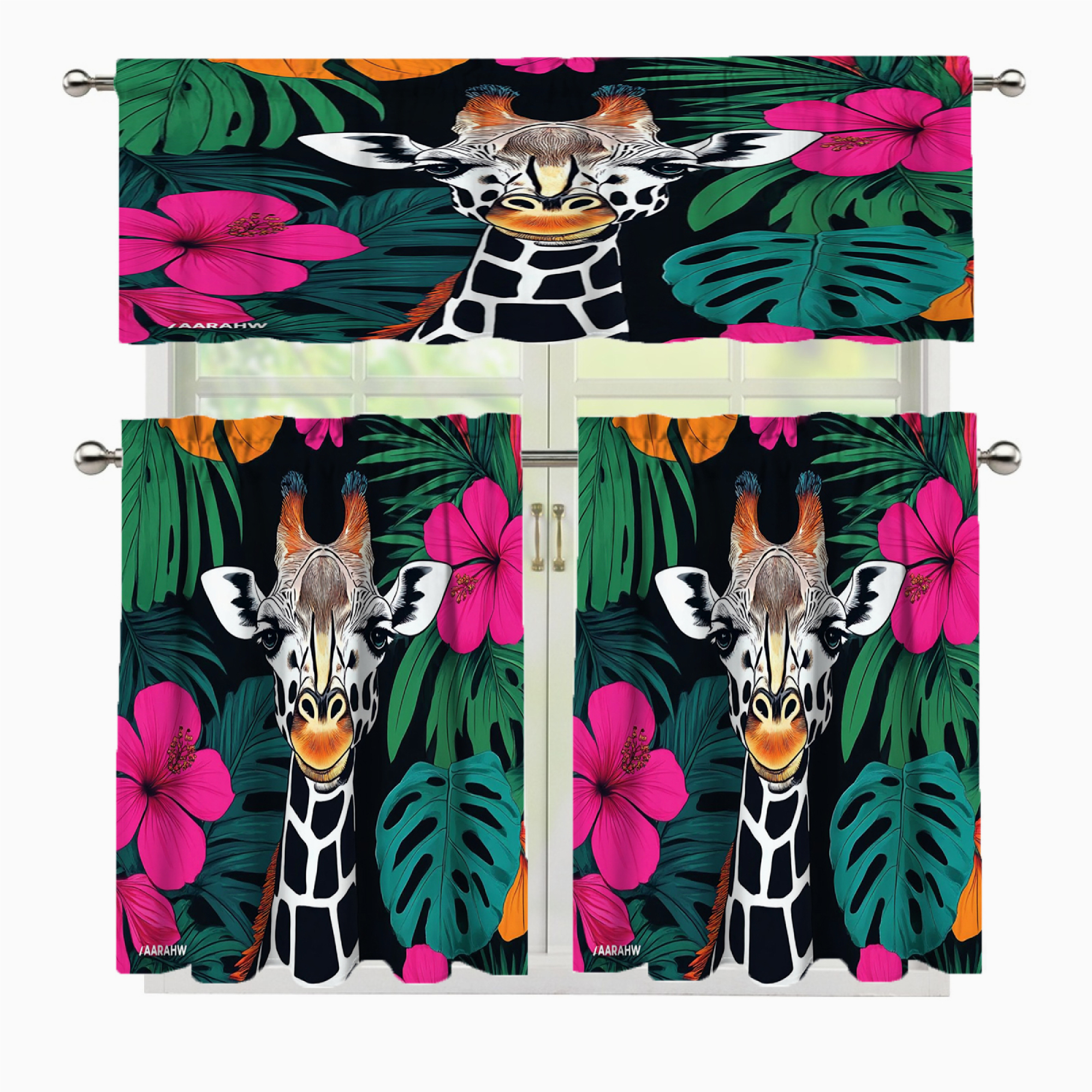 3 Pcs Kitchen Curtains Valance and Tiers Set Giraffe tropical floral ...