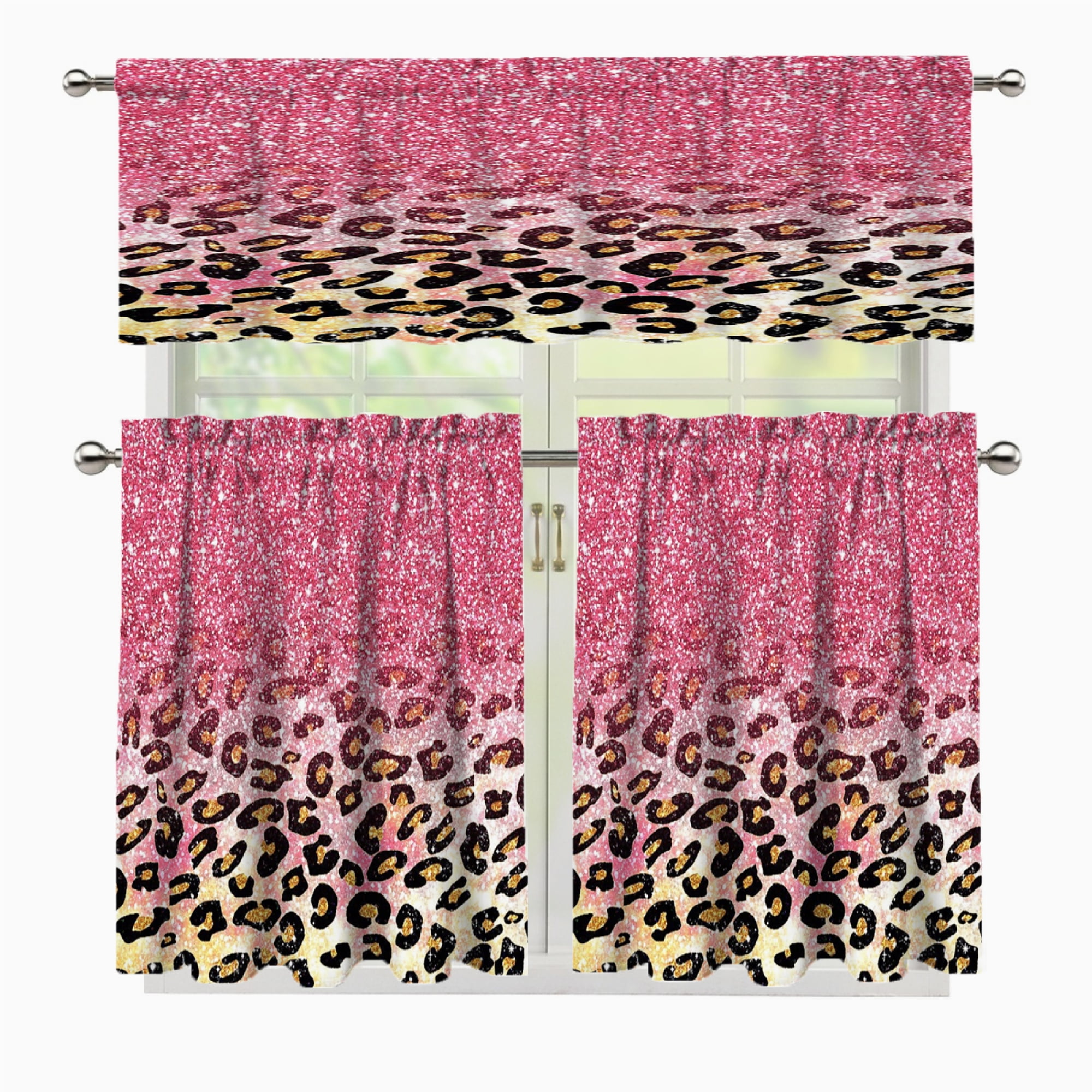 3 Pcs Kitchen Curtains Valance and Tiers Set Glam Pink Glitter Leopard ...