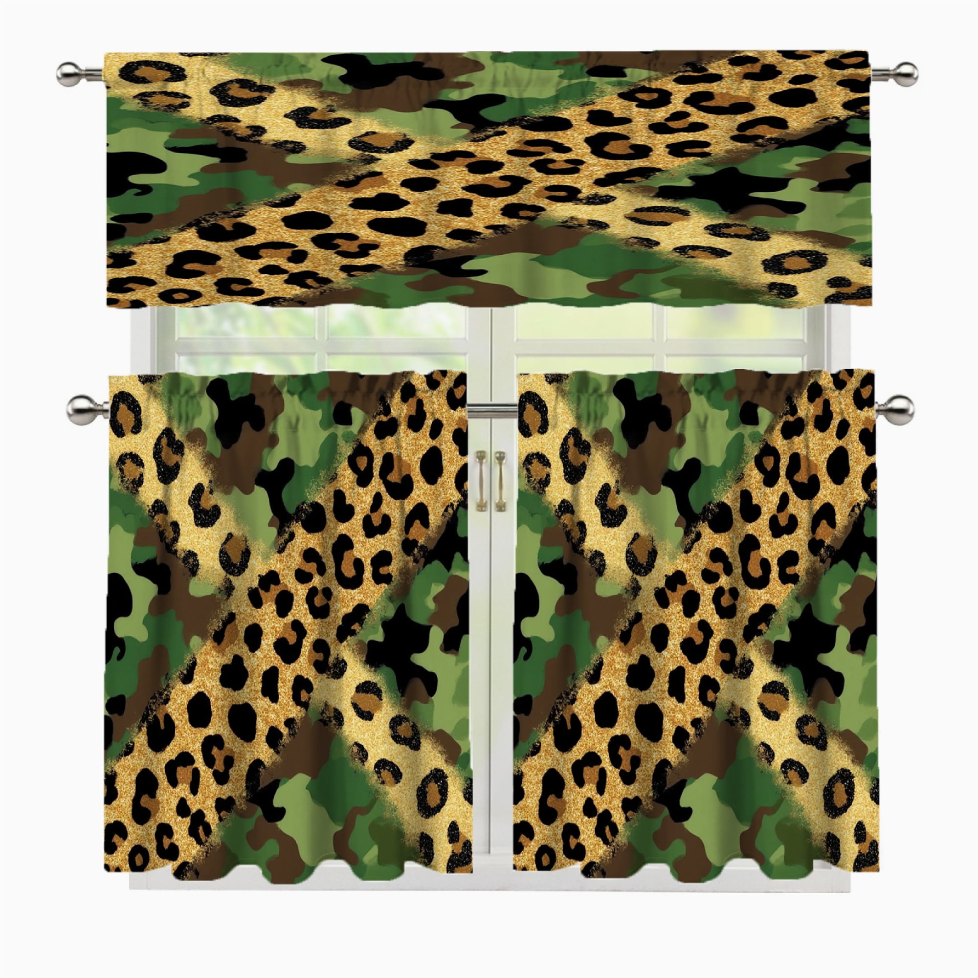 3 Pcs Kitchen Curtains Valance and Tiers Set Glitter leopard camo print ...