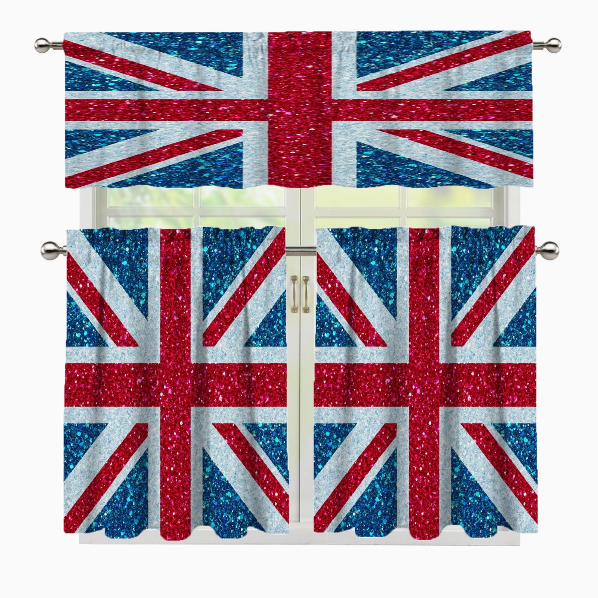 3 Pcs Kitchen Curtains Valance and Tiers Set Glittery Union Jack Flag-1 ...