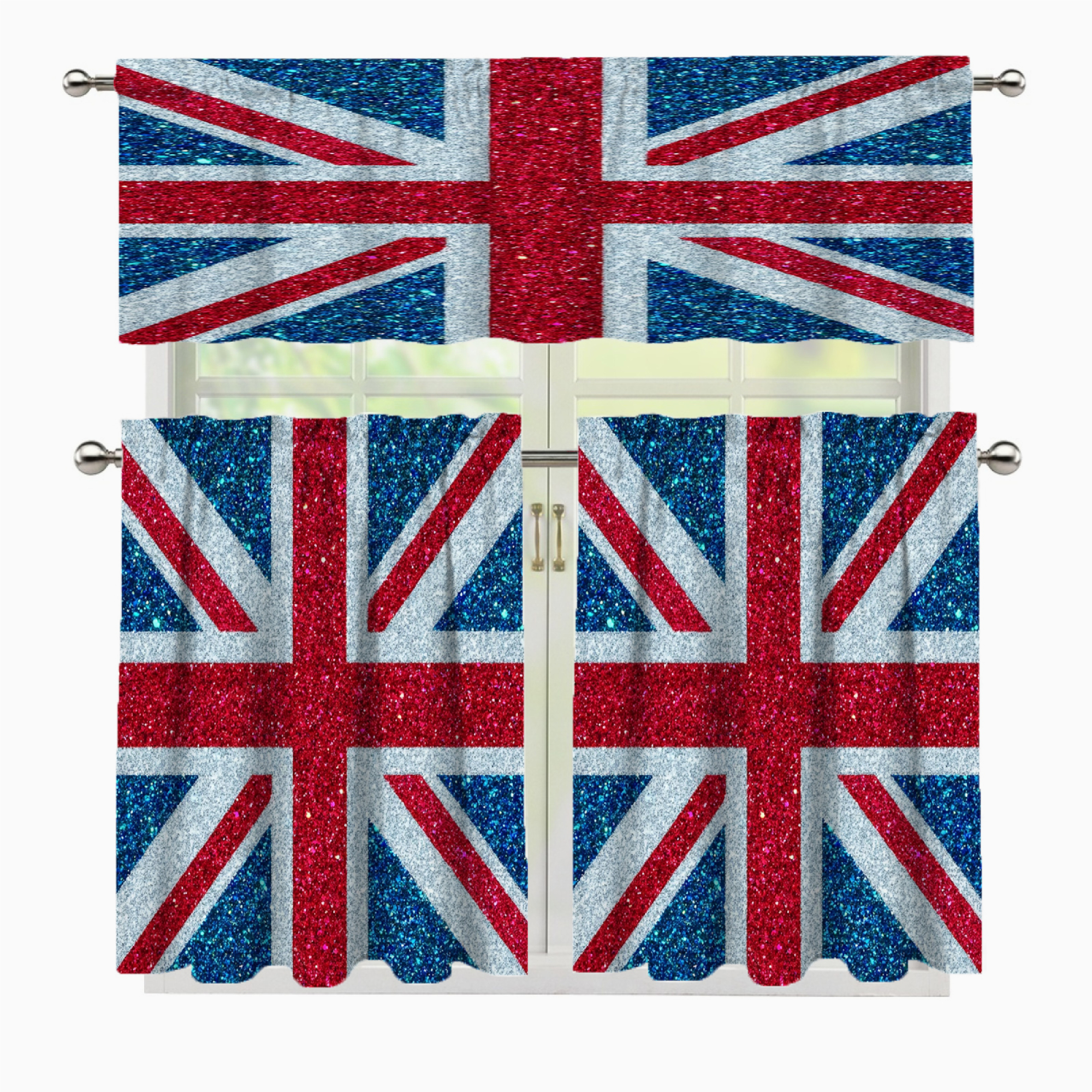 3 Pcs Kitchen Curtains Valance and Tiers Set Glittery Union Jack Flag-2 ...