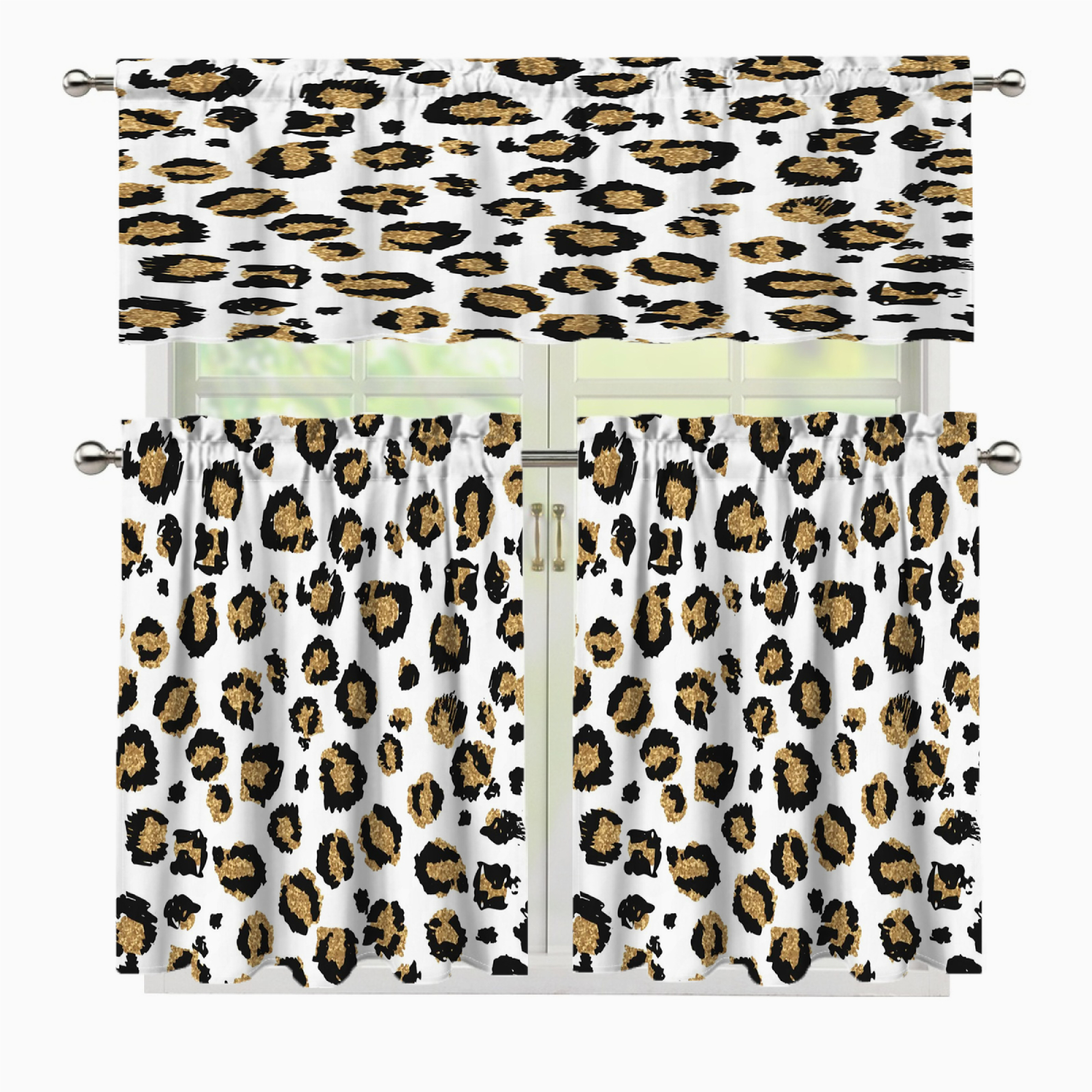 3 Pcs Kitchen Curtains Valance and Tiers Set Gold Glitter Black Leopard ...