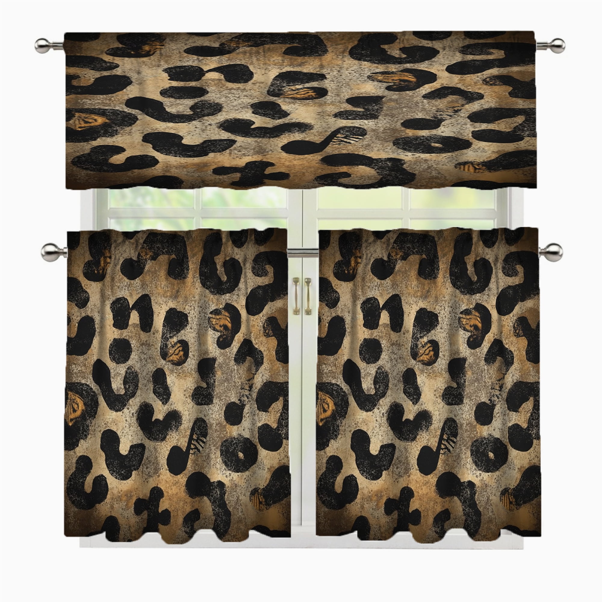 3 Pcs Kitchen Curtains Valance and Tiers Set Gold black leopard print ...