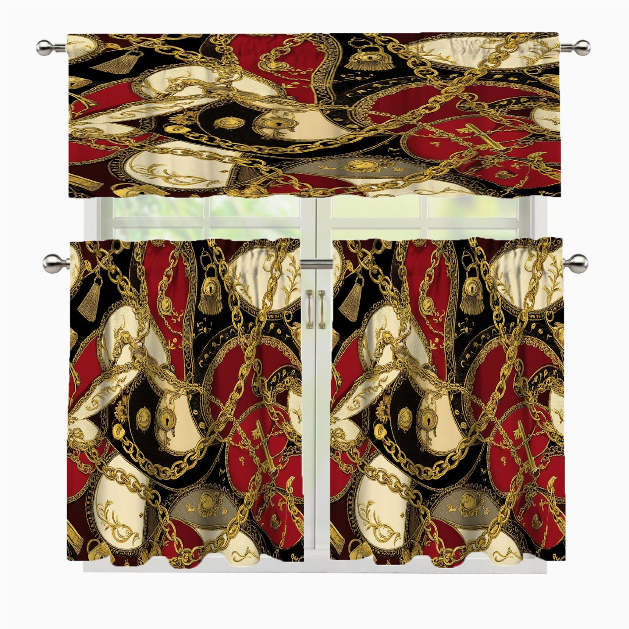 3 Pcs Kitchen Curtains Valance and Tiers Set Gold chains red black ...