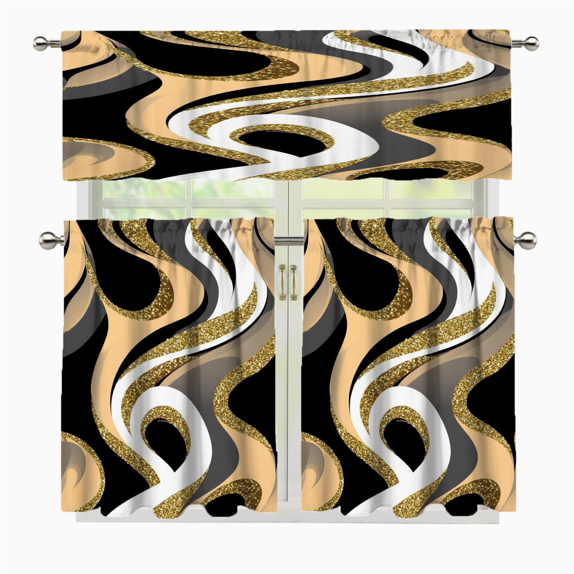 3 Pcs Kitchen Curtains Valance and Tiers Set Gold glitter abstract ...