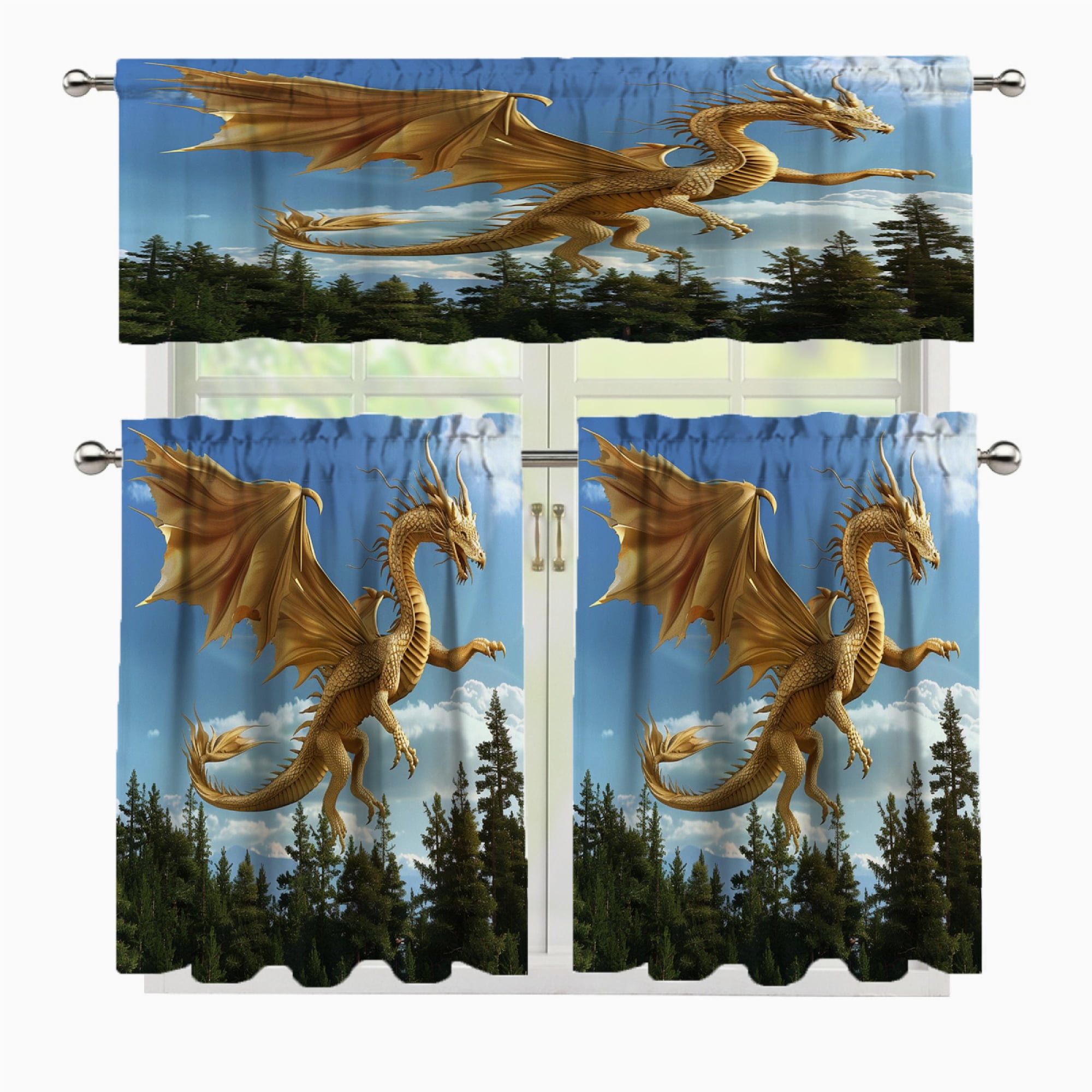 3 Pcs Kitchen Curtains Valance and Tiers Set Golden Dragon in Flight(3 ...