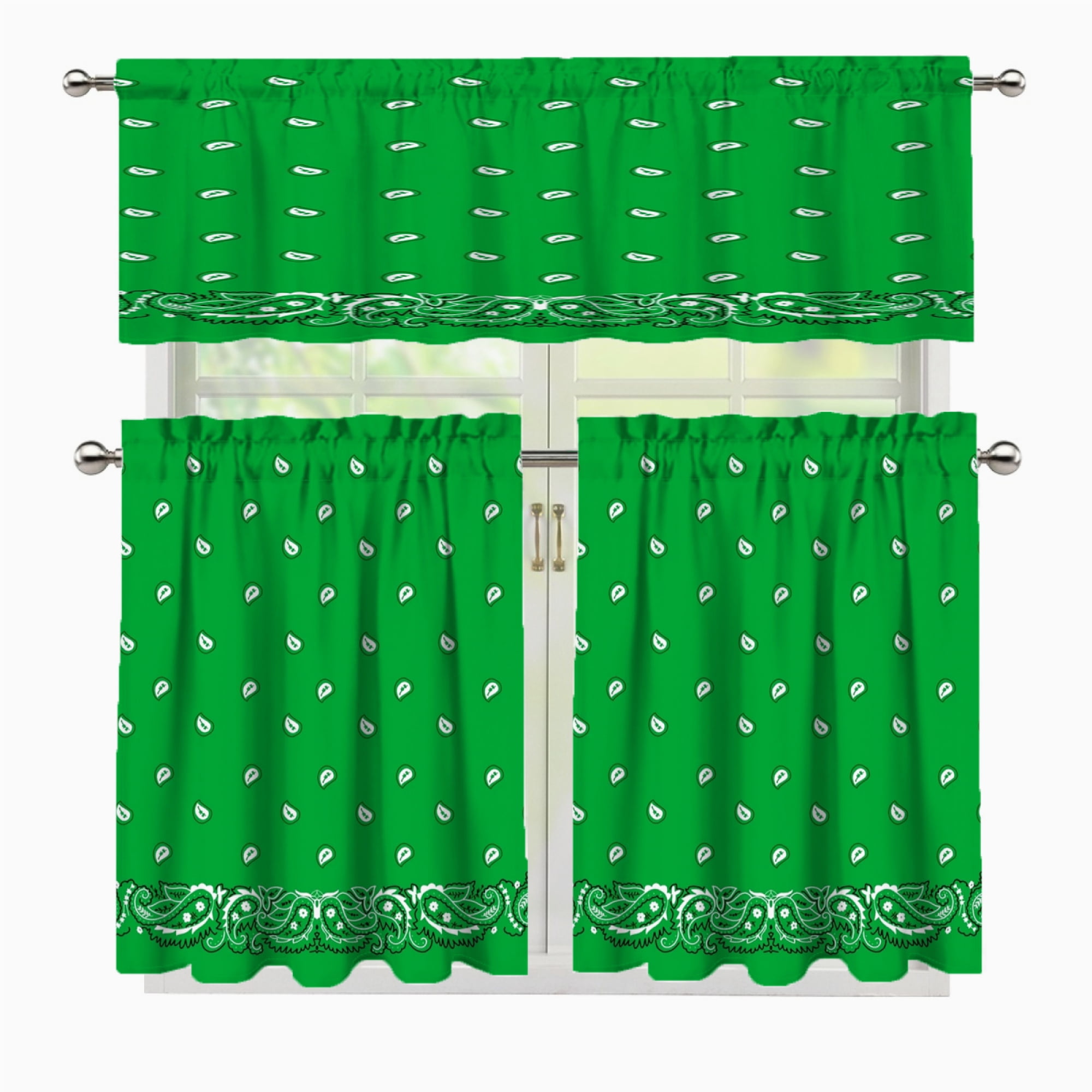 3 Pcs Kitchen Curtains Valance and Tiers Set Green Bandanana For Cafe ...