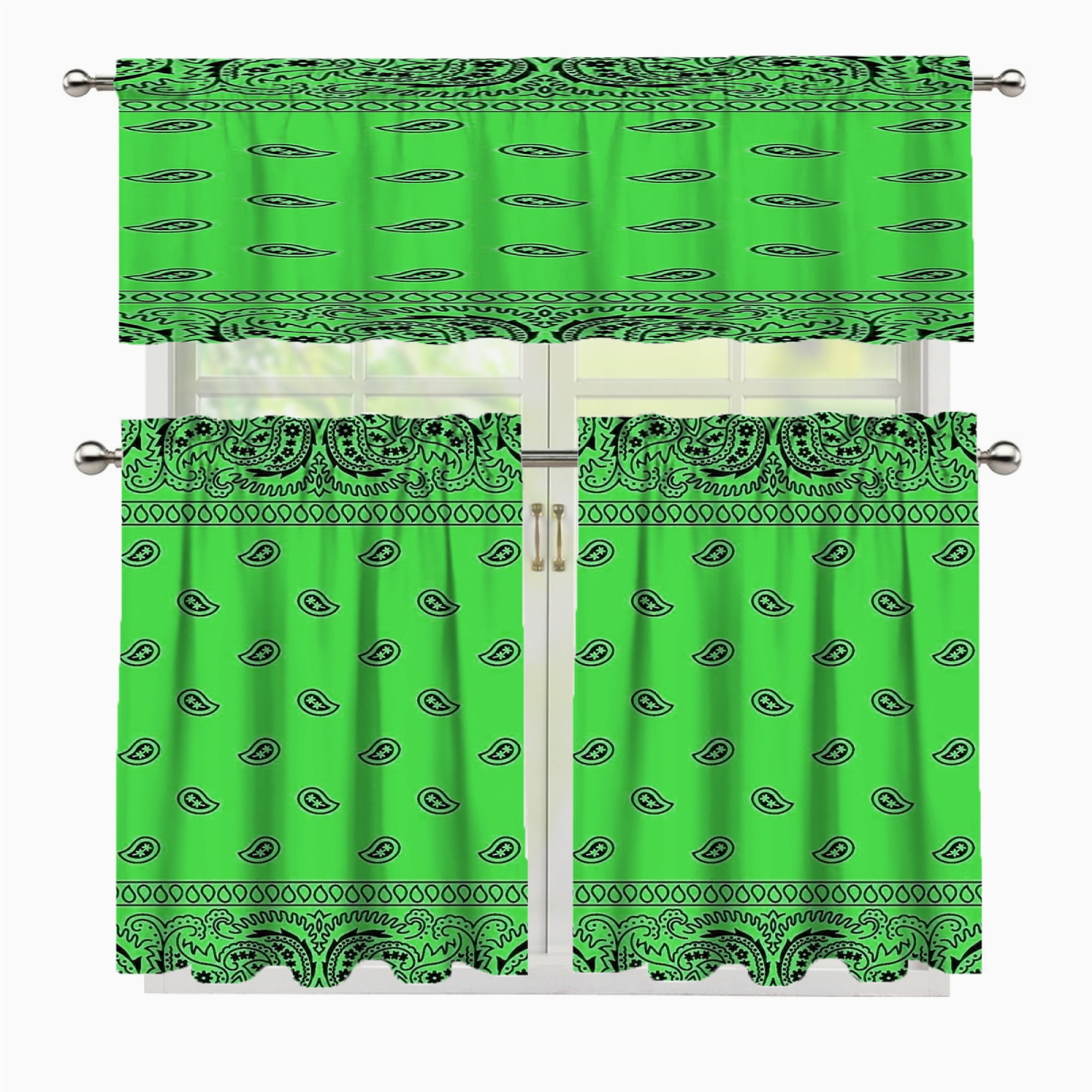 3 Pcs Kitchen Curtains Valance and Tiers Set Green paisley bandana pattern For Cafe Bathroom And ...