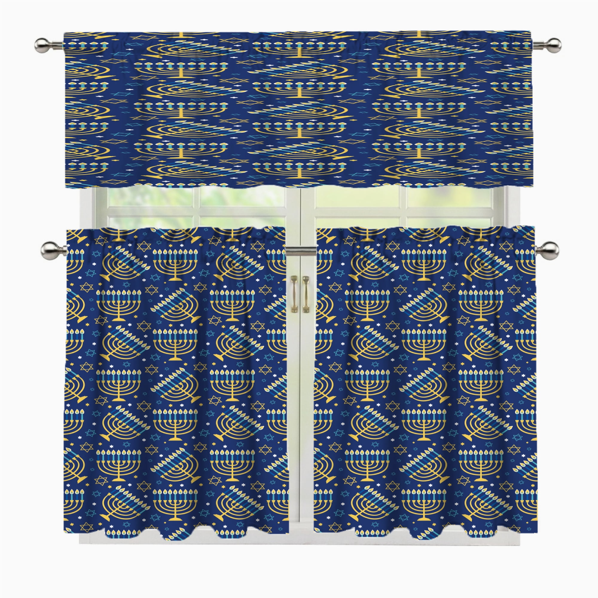 3 Pcs Kitchen Curtains Valance and Tiers Set Hanukkah menorah seamless ...