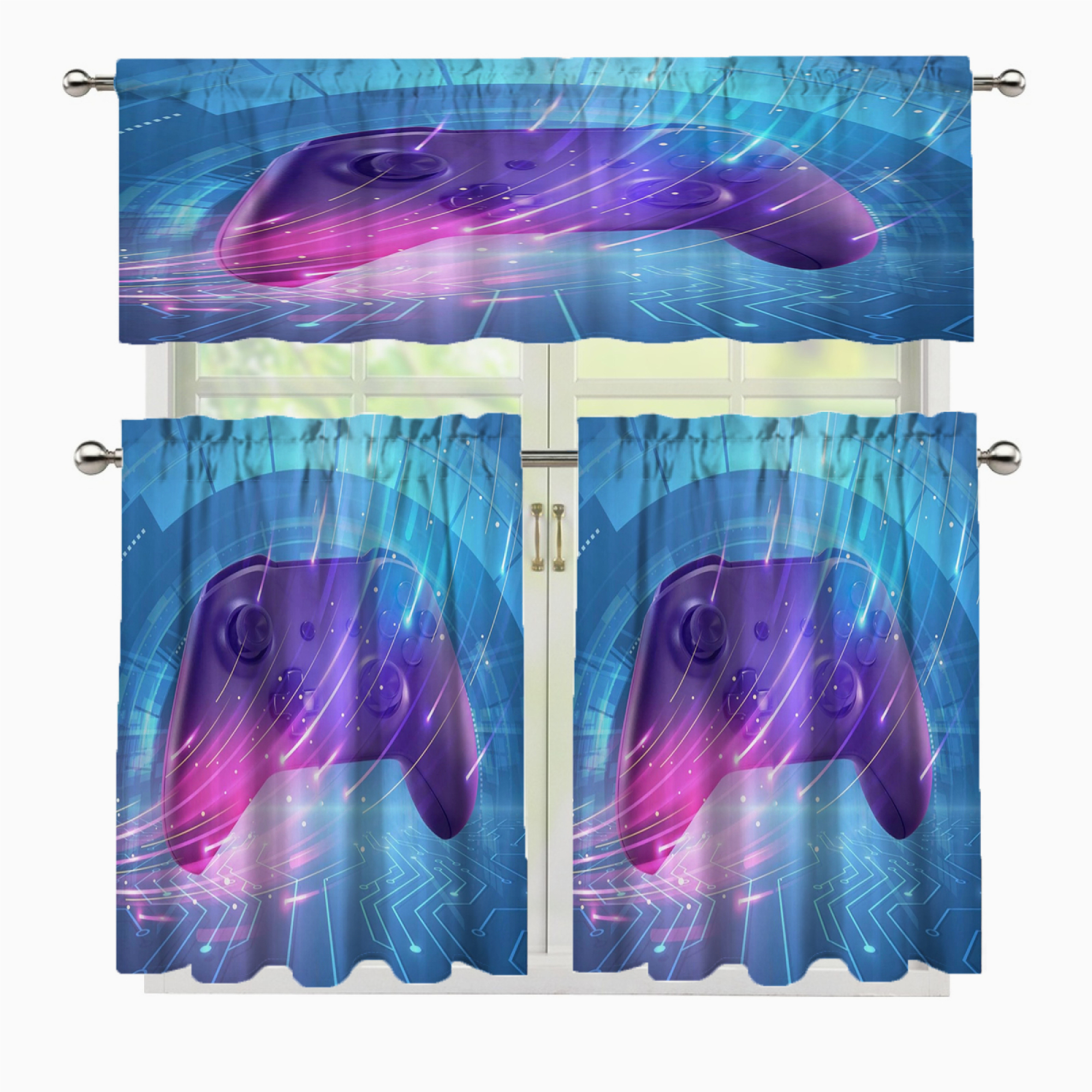 3 Pcs Kitchen Curtains Valance and Tiers Set Honeycomb Gamer Video Game ...