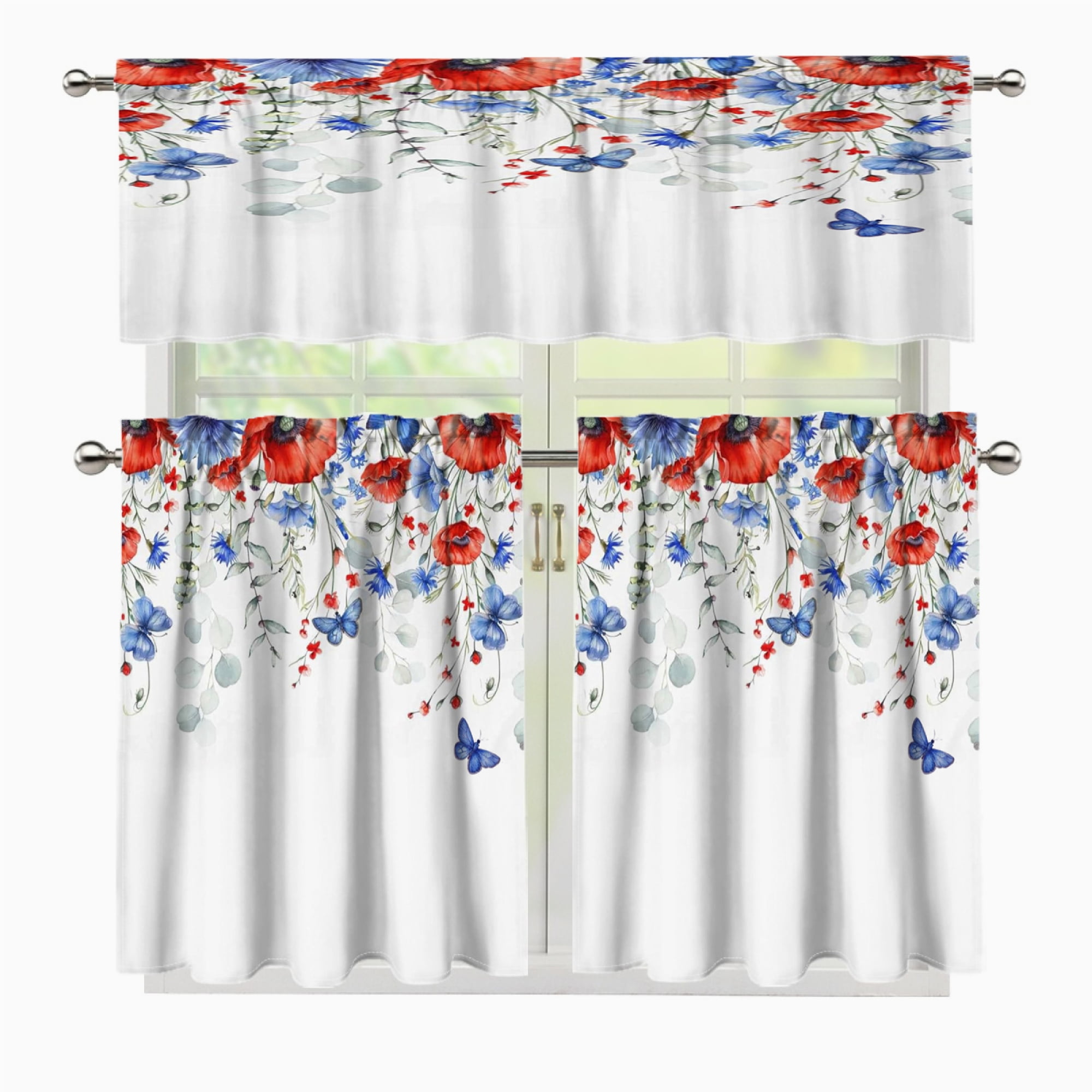 3 Pcs Kitchen Curtains Valance and Tiers Set Independence Day Poppies ...