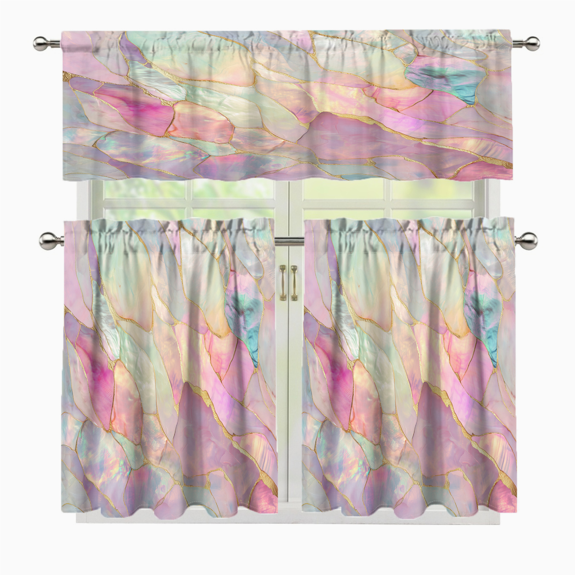 3 Pcs Kitchen Curtains Valance and Tiers Set Iridescent Shell Mosaic ...