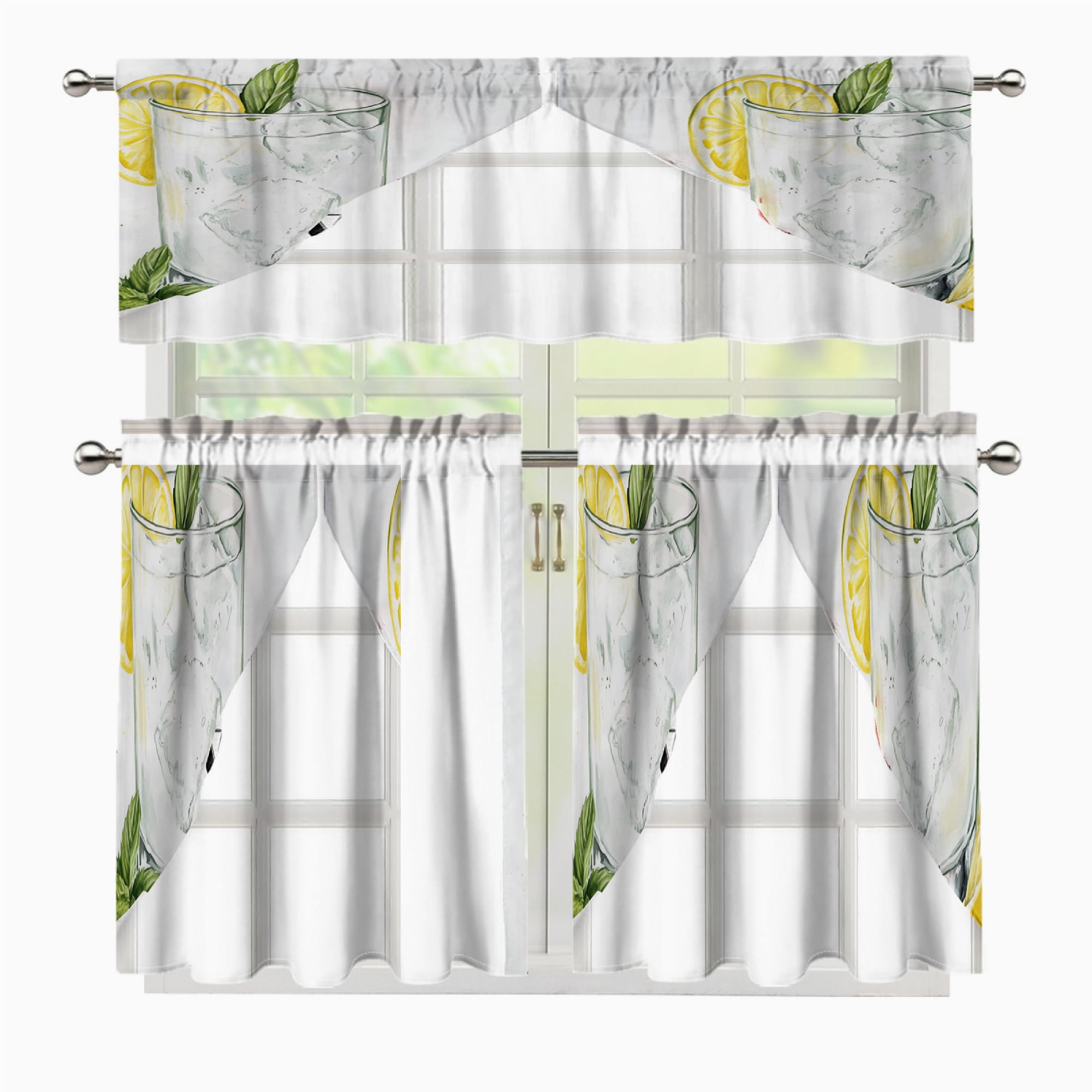 3 Pcs Kitchen Curtains Valance and Tiers Set Lemon Basil Cocktail ...