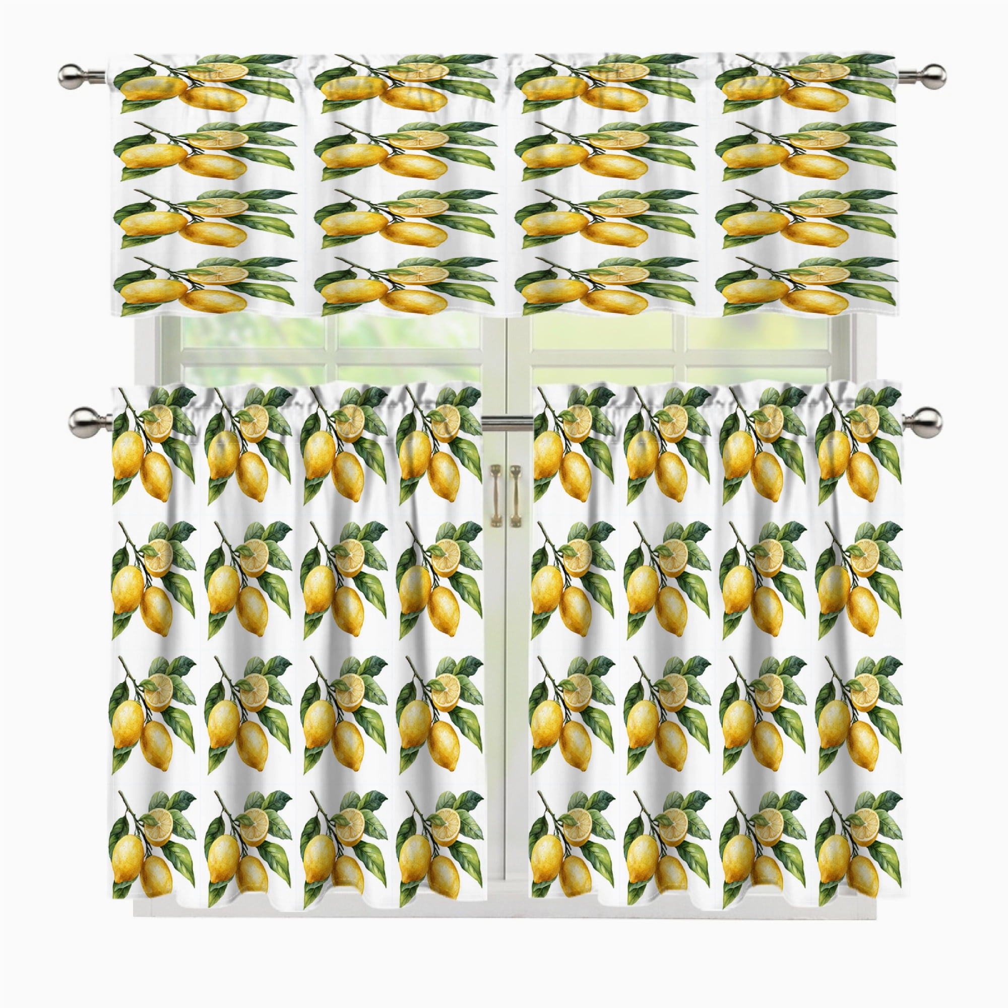 3 Pcs Kitchen Curtains Valance and Tiers Set Lemon Branch For Cafe ...