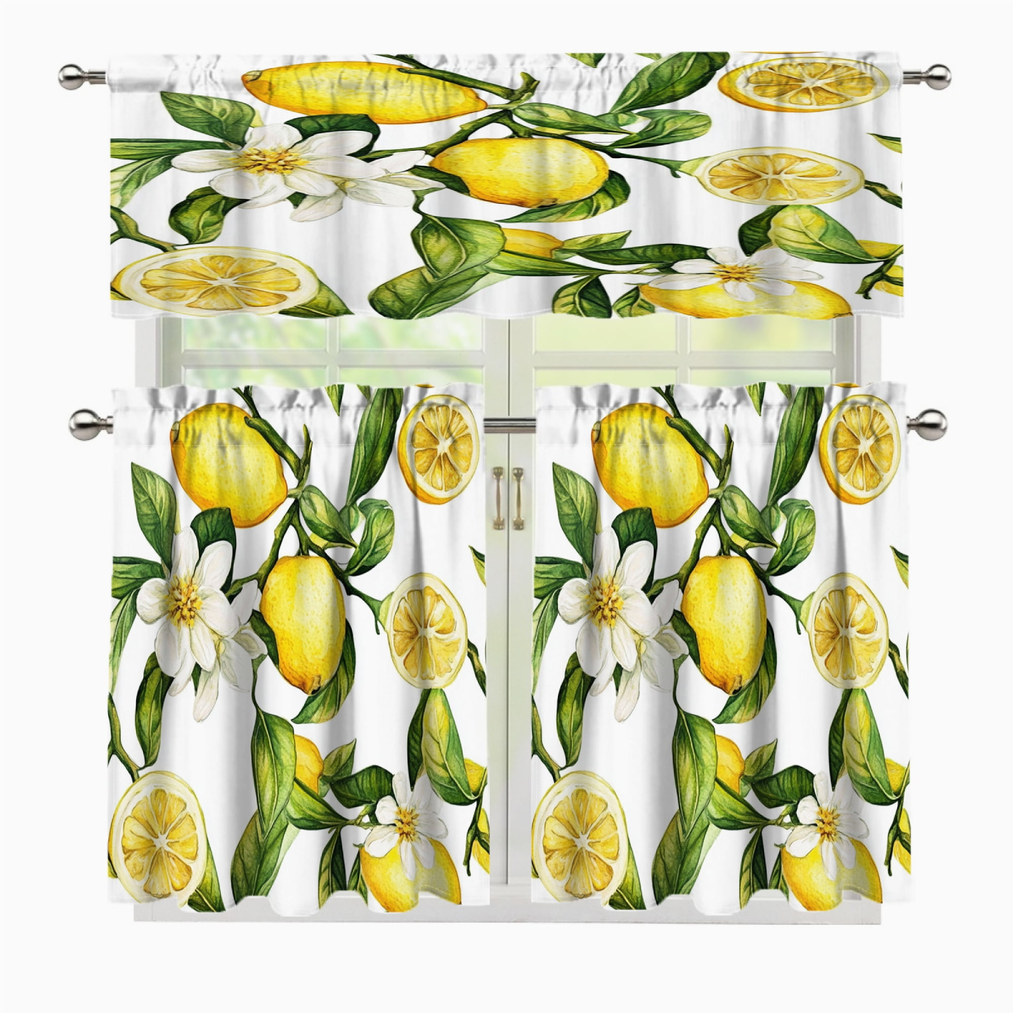 3 Pcs Kitchen Curtains Valance and Tiers Set Lemon Floral Pattern For ...
