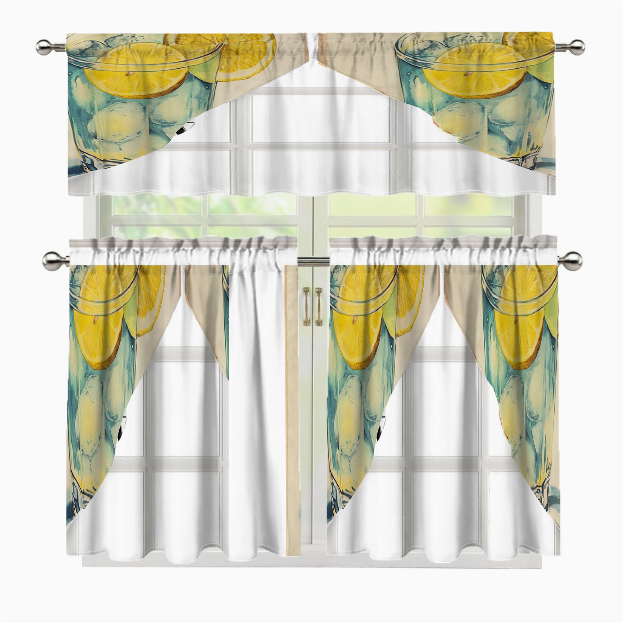 3 Pcs Kitchen Curtains Valance and Tiers Set Lemon Ice Drink Illustration For Cafe Bathroom And ...