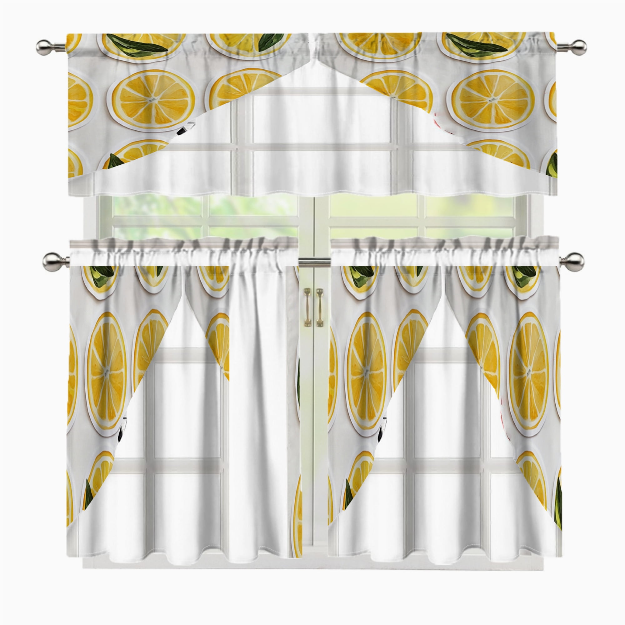 3 Pcs Kitchen Curtains Valance and Tiers Set Lemon Slice Stickers For ...