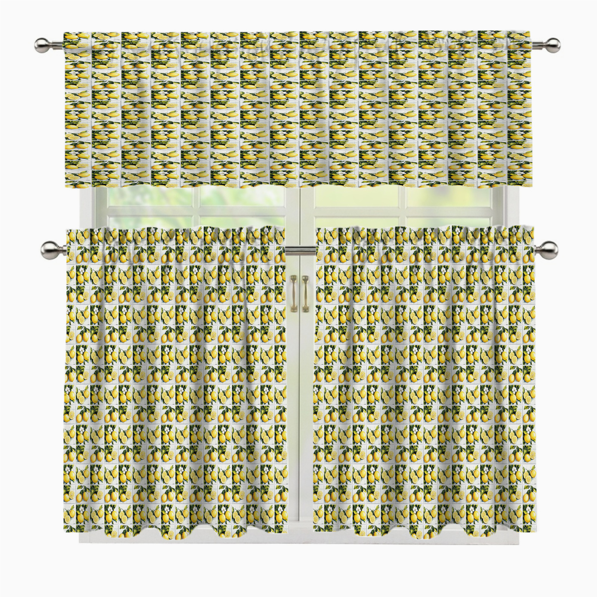 3 Pcs Kitchen Curtains Valance and Tiers Set Lemon Tile Pattern For ...