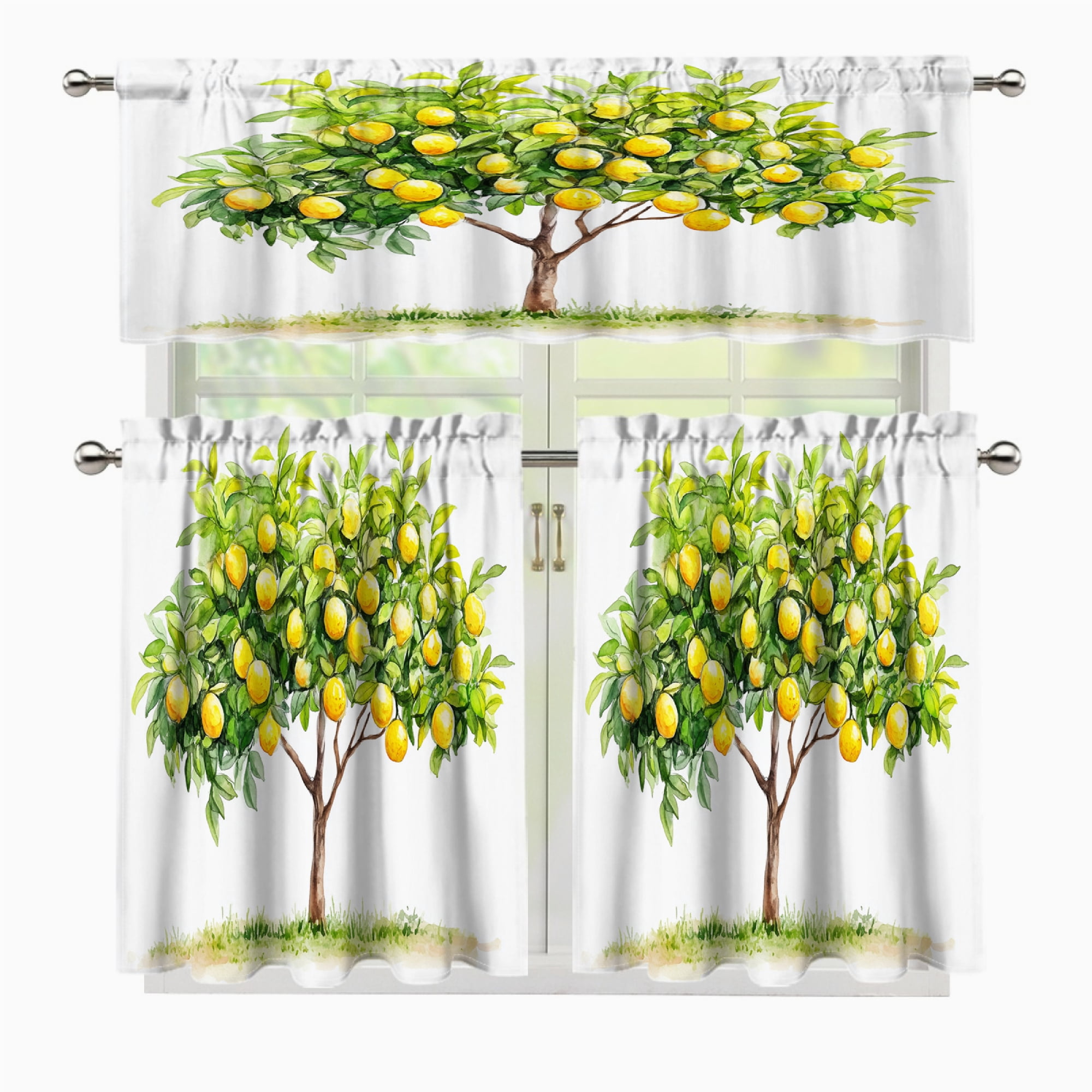 3 Pcs Kitchen Curtains Valance and Tiers Set Lemon Tree with Ripe ...