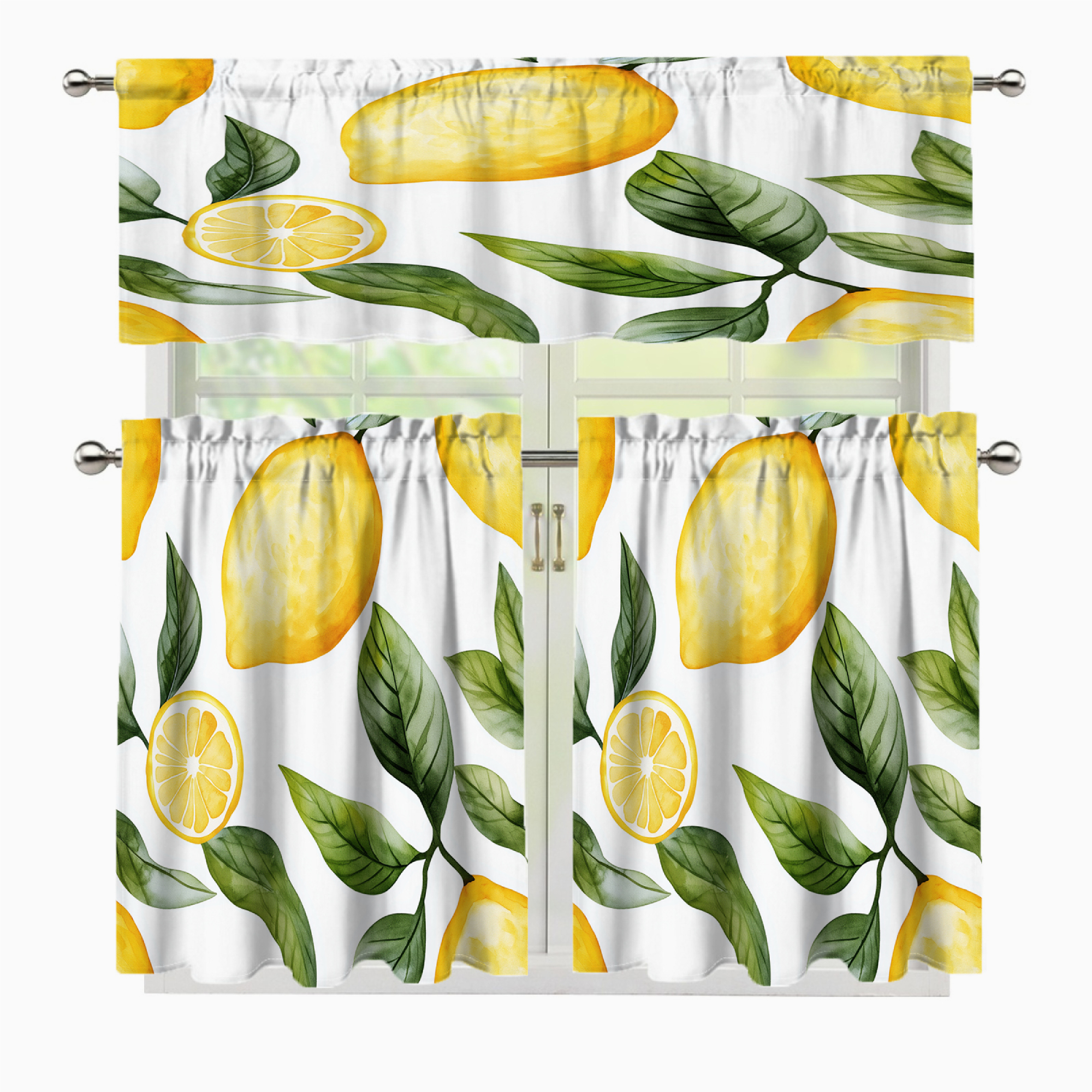 3 Pcs Kitchen Curtains Valance and Tiers Set Lemon and Leaf Pattern (6 ...