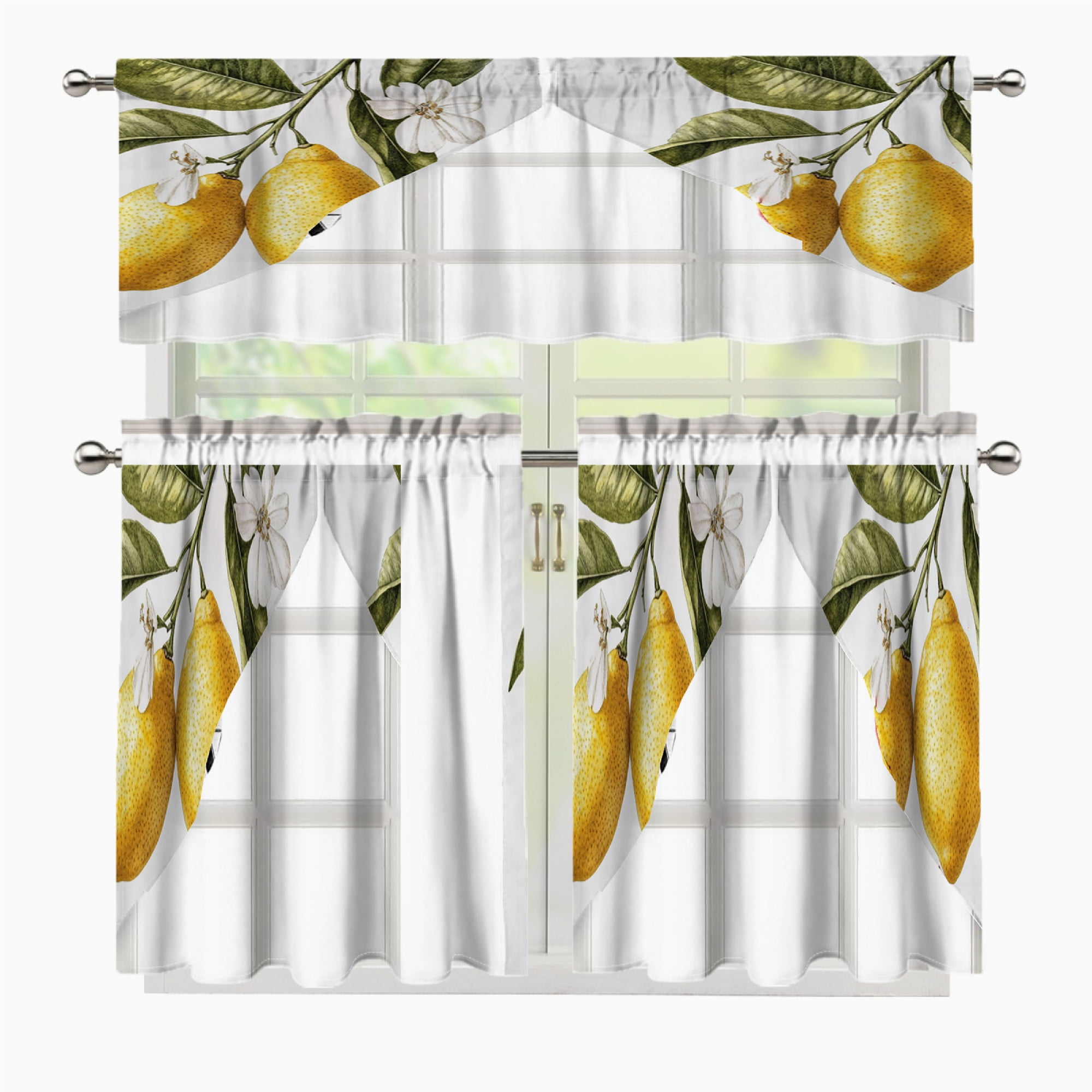 3 Pcs Kitchen Curtains Valance and Tiers Set Lemons and Blossoms Illustration (2) For Cafe ...