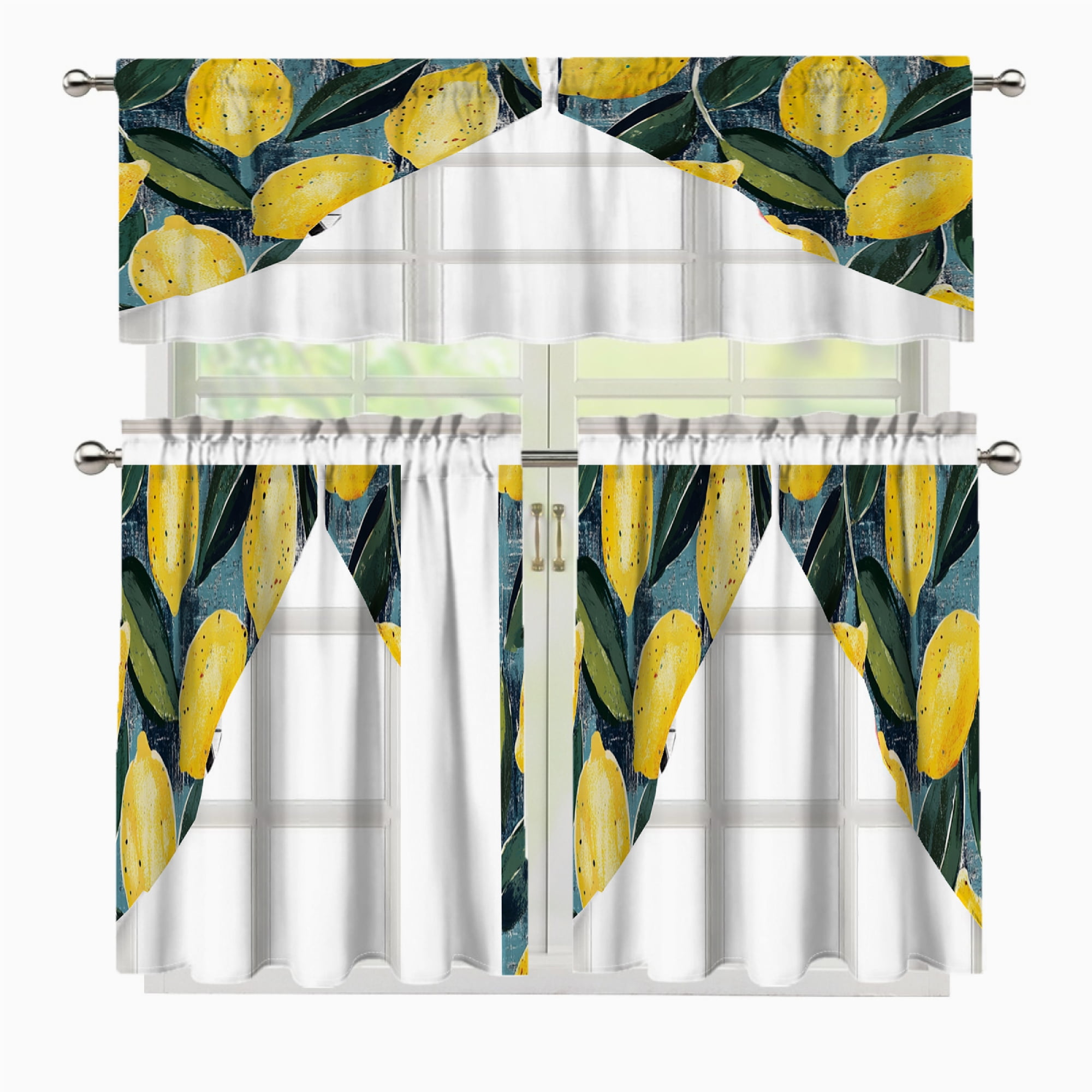 3 Pcs Kitchen Curtains Valance and Tiers Set Lemons and Leaves Pattern ...