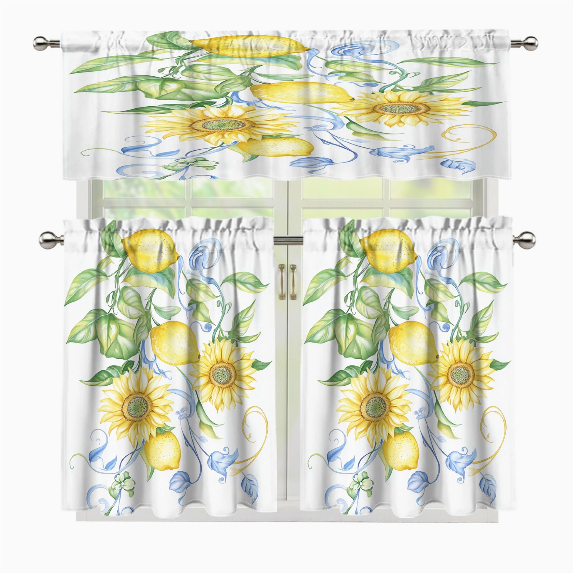 3 Pcs Kitchen Curtains Valance and Tiers Set Lemons and Sunflowers ...