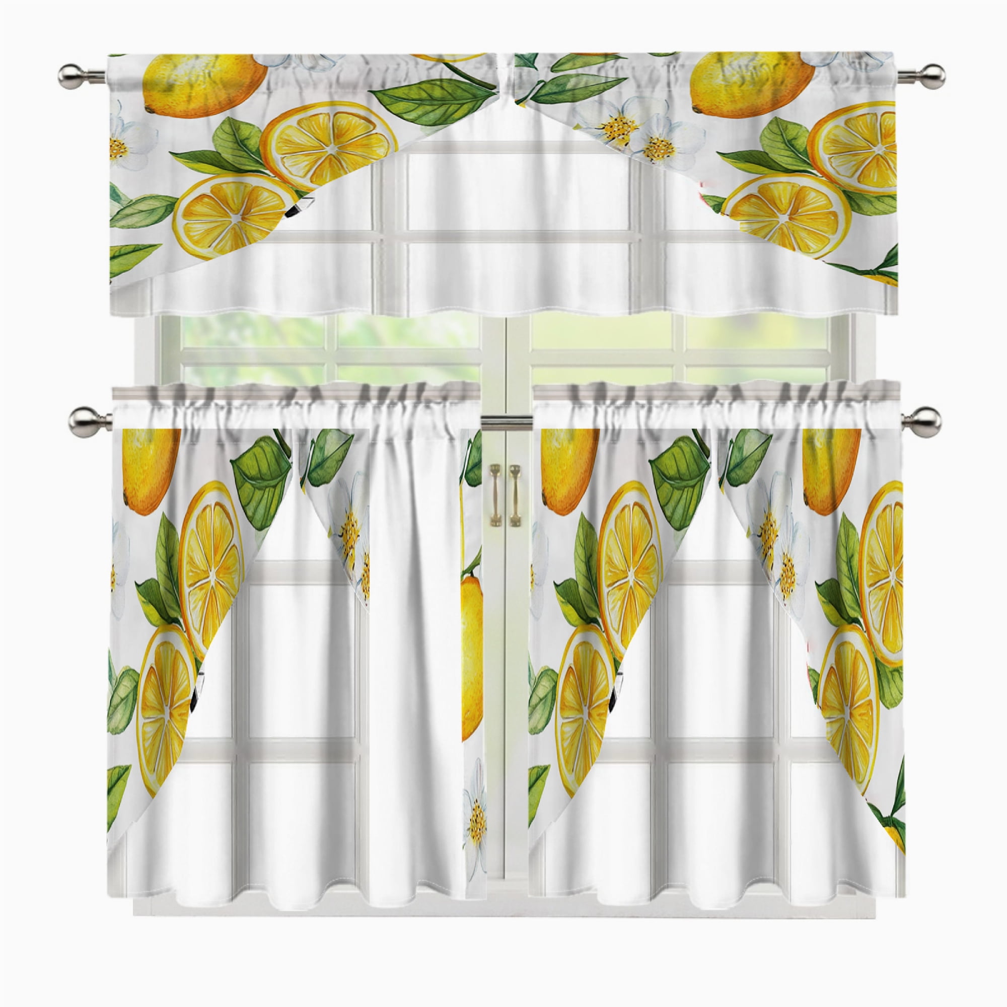 3 Pcs Kitchen Curtains Valance and Tiers Set Lemons and White Flowers ...