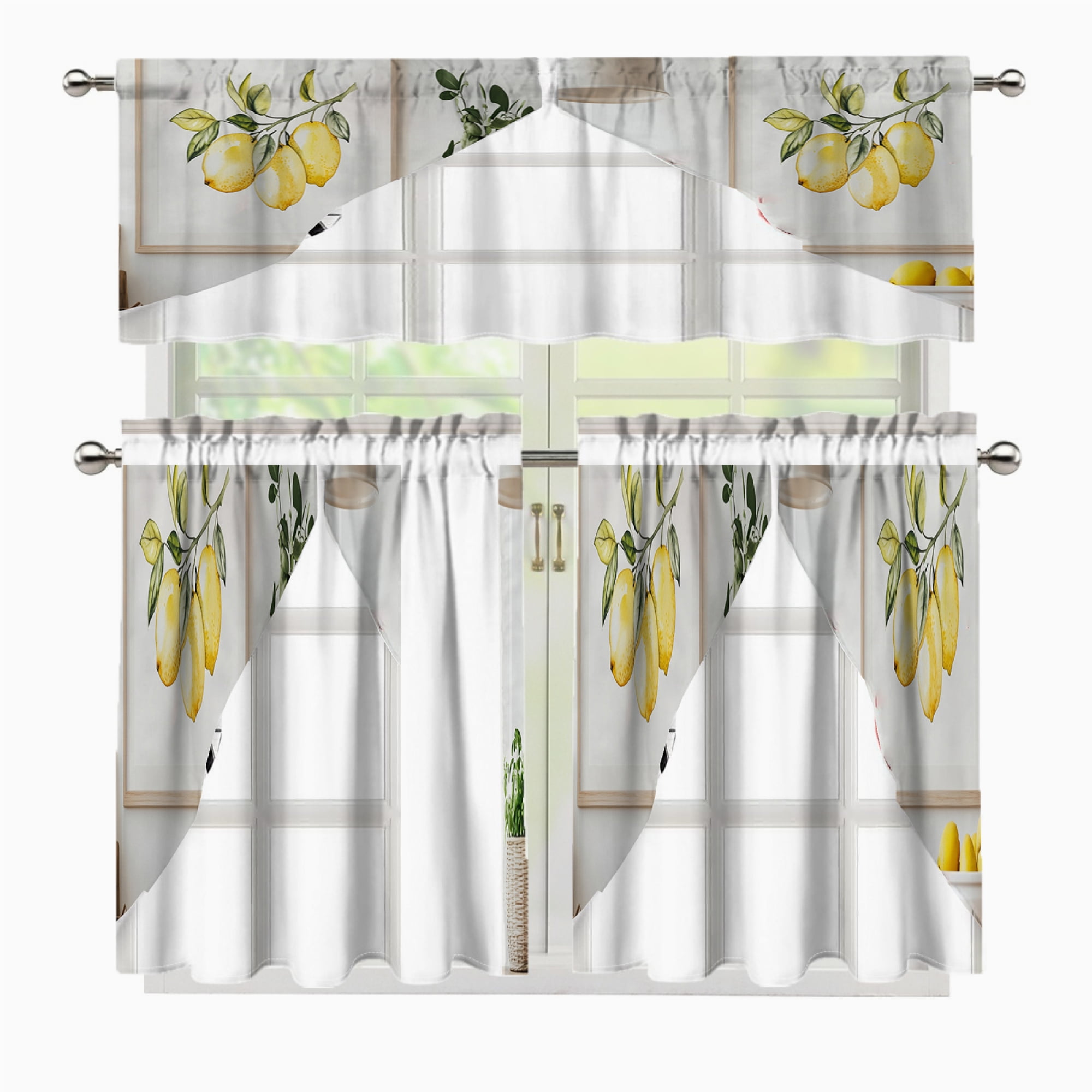 3 Pcs Kitchen Curtains Valance and Tiers Set Lemons on Branch Wall Art ...