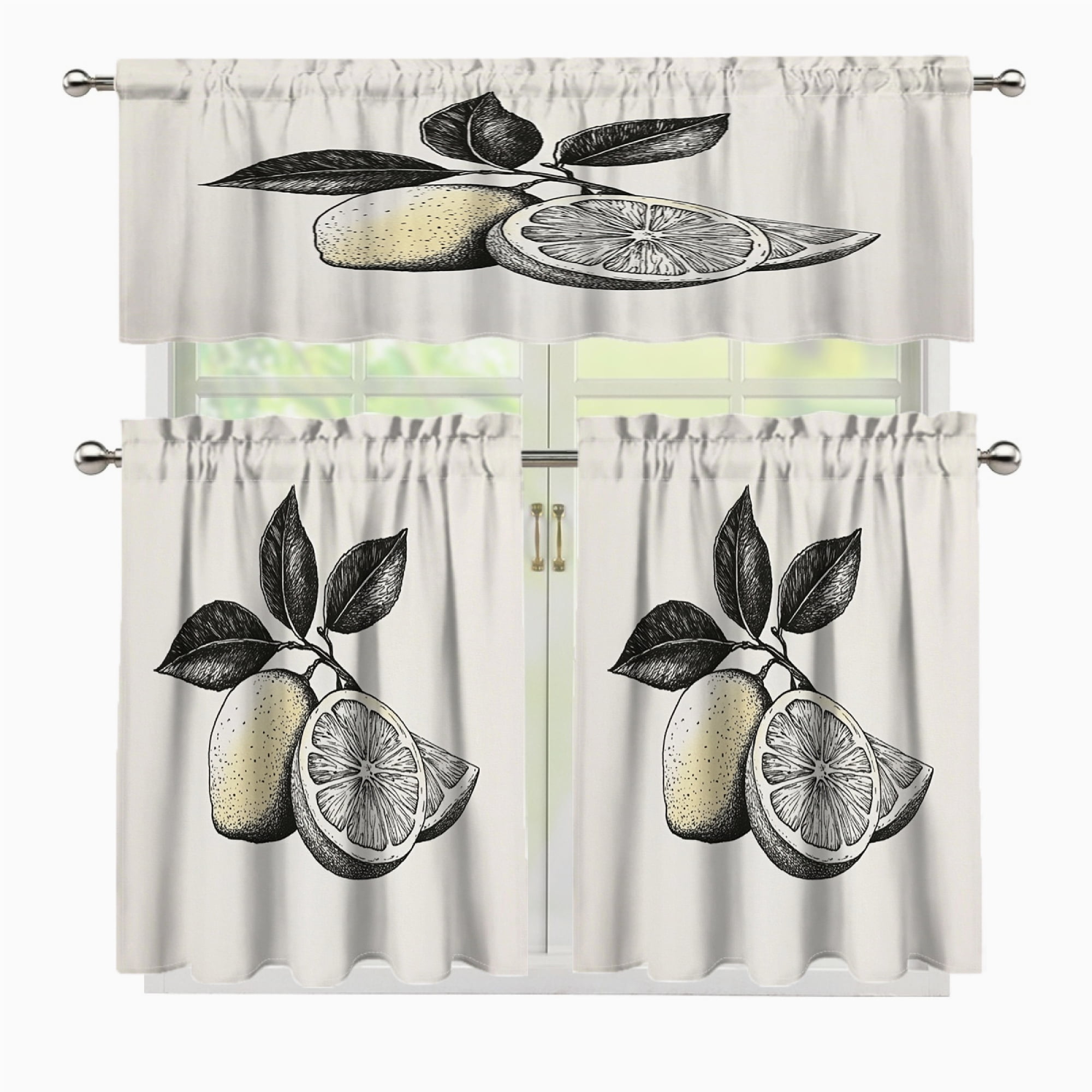 3 Pcs Kitchen Curtains Valance And Tiers Set Lemons With Leaves Illustration For Cafe Bathroom
