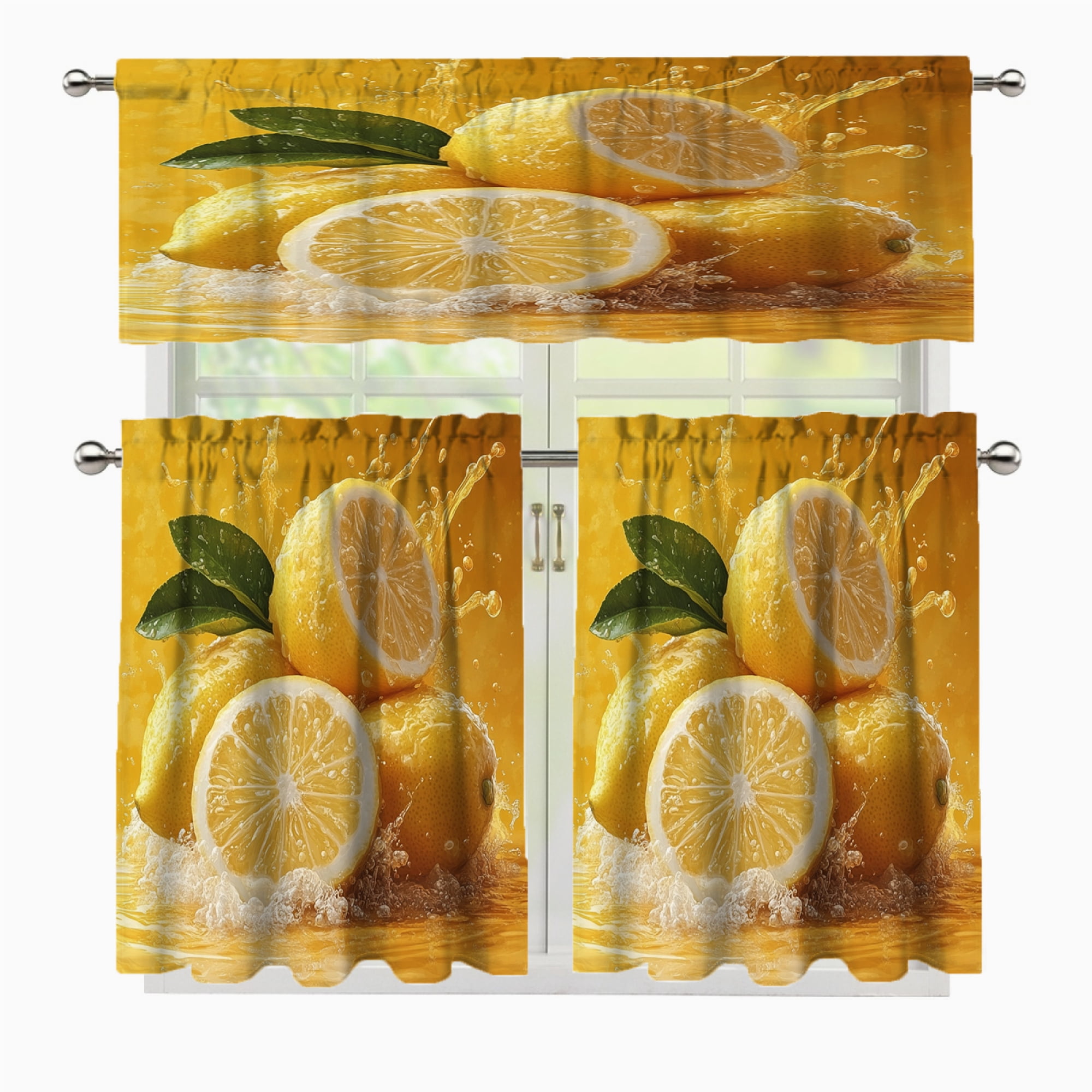 3 Pcs Kitchen Curtains Valance and Tiers Set Lemons with Water Splash ...