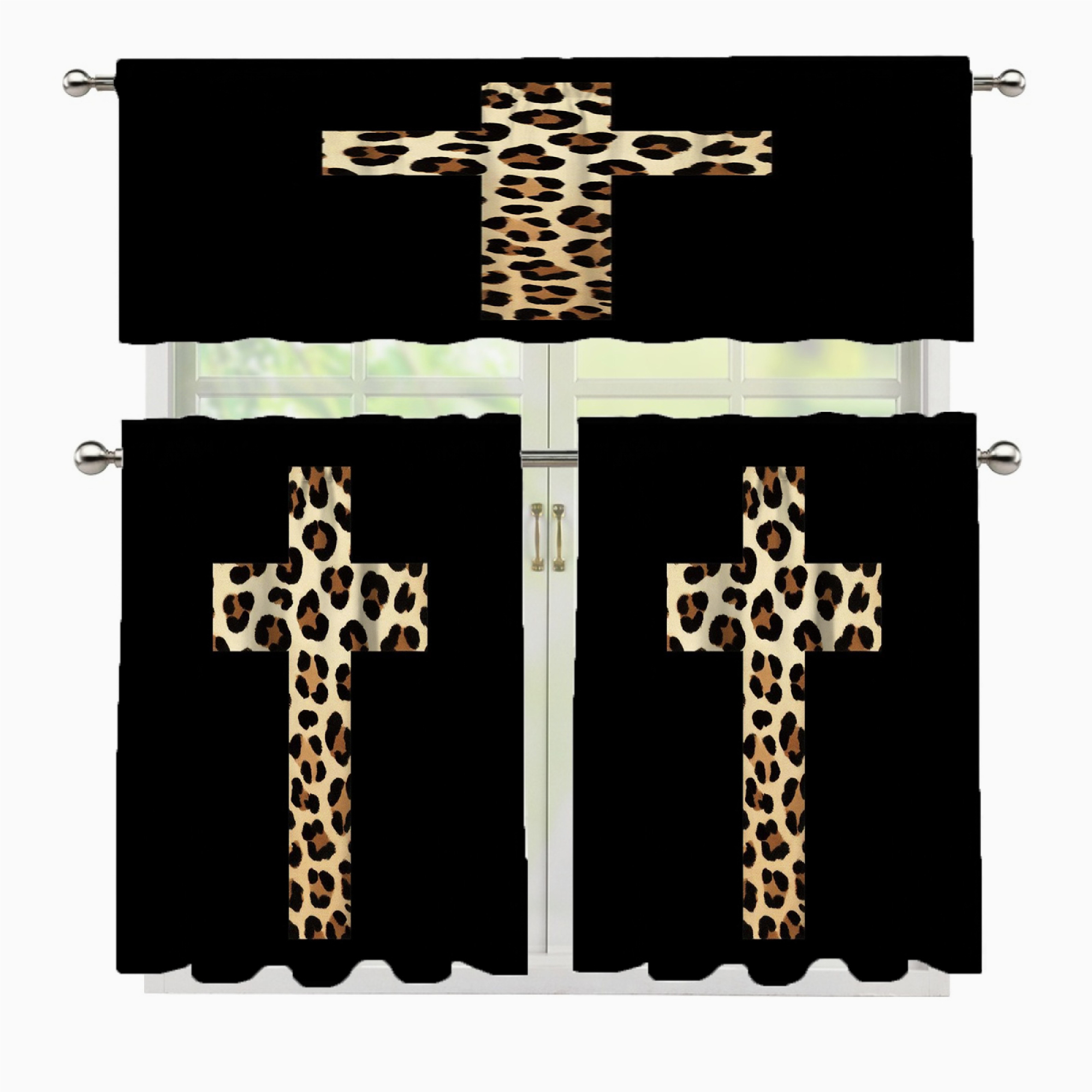 3 Pcs Kitchen Curtains Valance and Tiers Set Leopard Print Cross-1 For ...