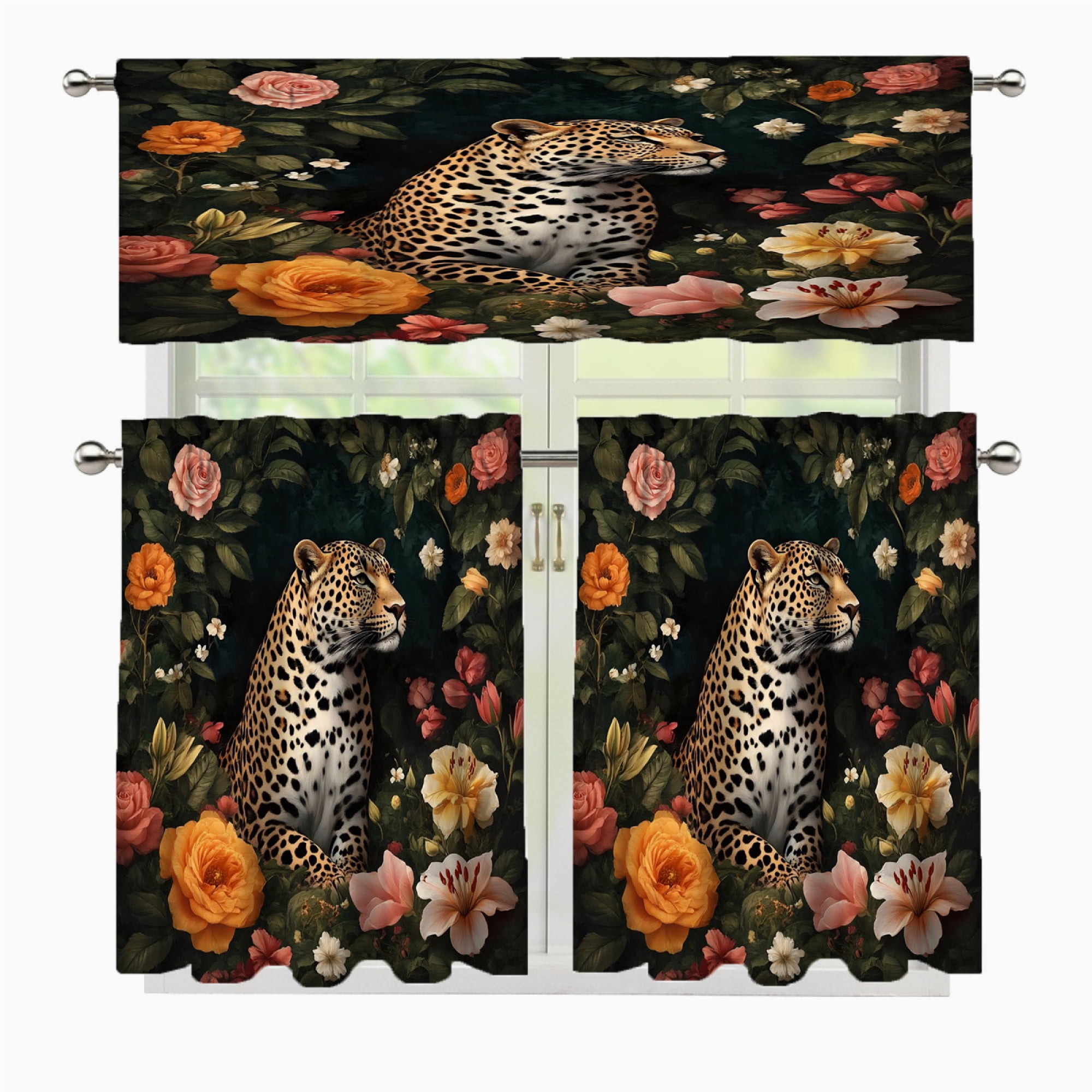 3 Pcs Kitchen Curtains Valance and Tiers Set Leopard amidst vibrant ...