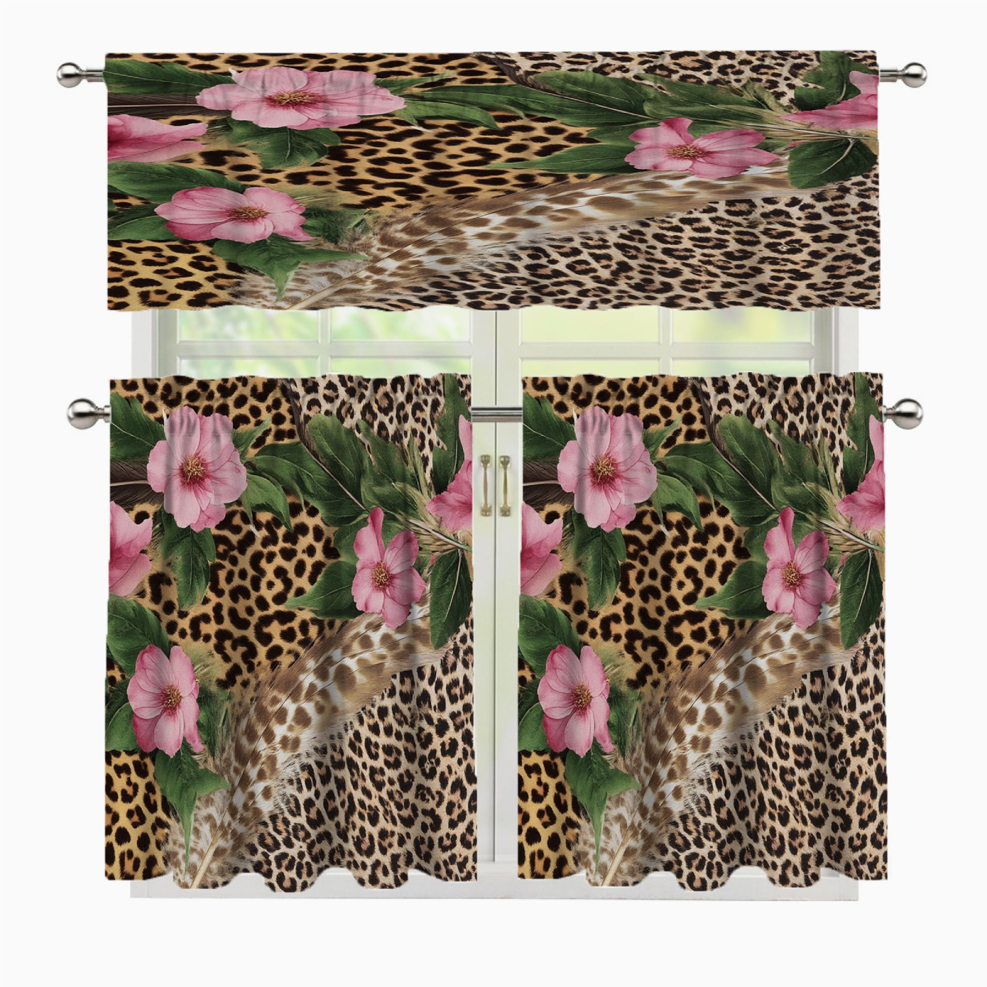 3 Pcs Kitchen Curtains Valance and Tiers Set Leopard print floral ...