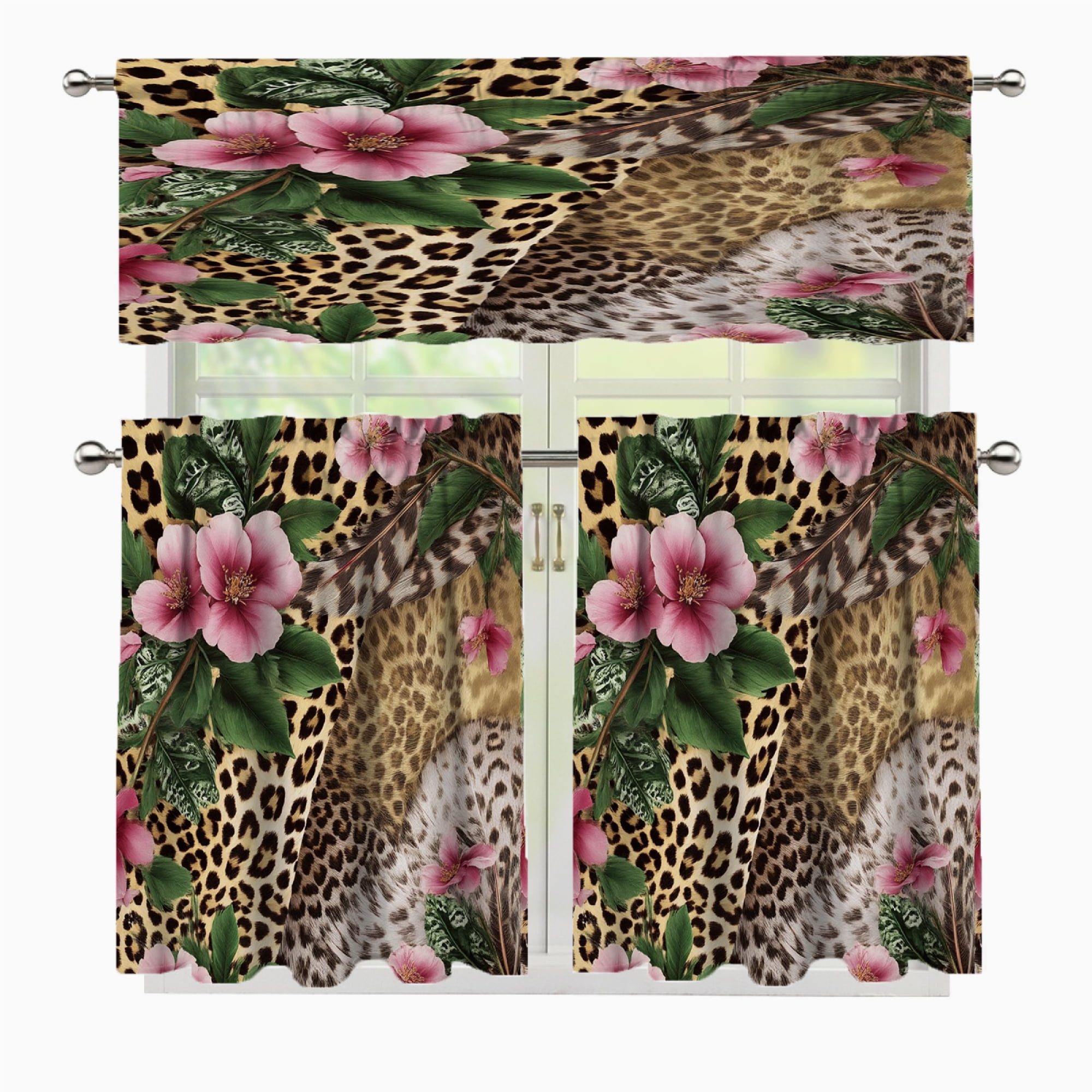 3 Pcs Kitchen Curtains Valance and Tiers Set Leopard print floral ...