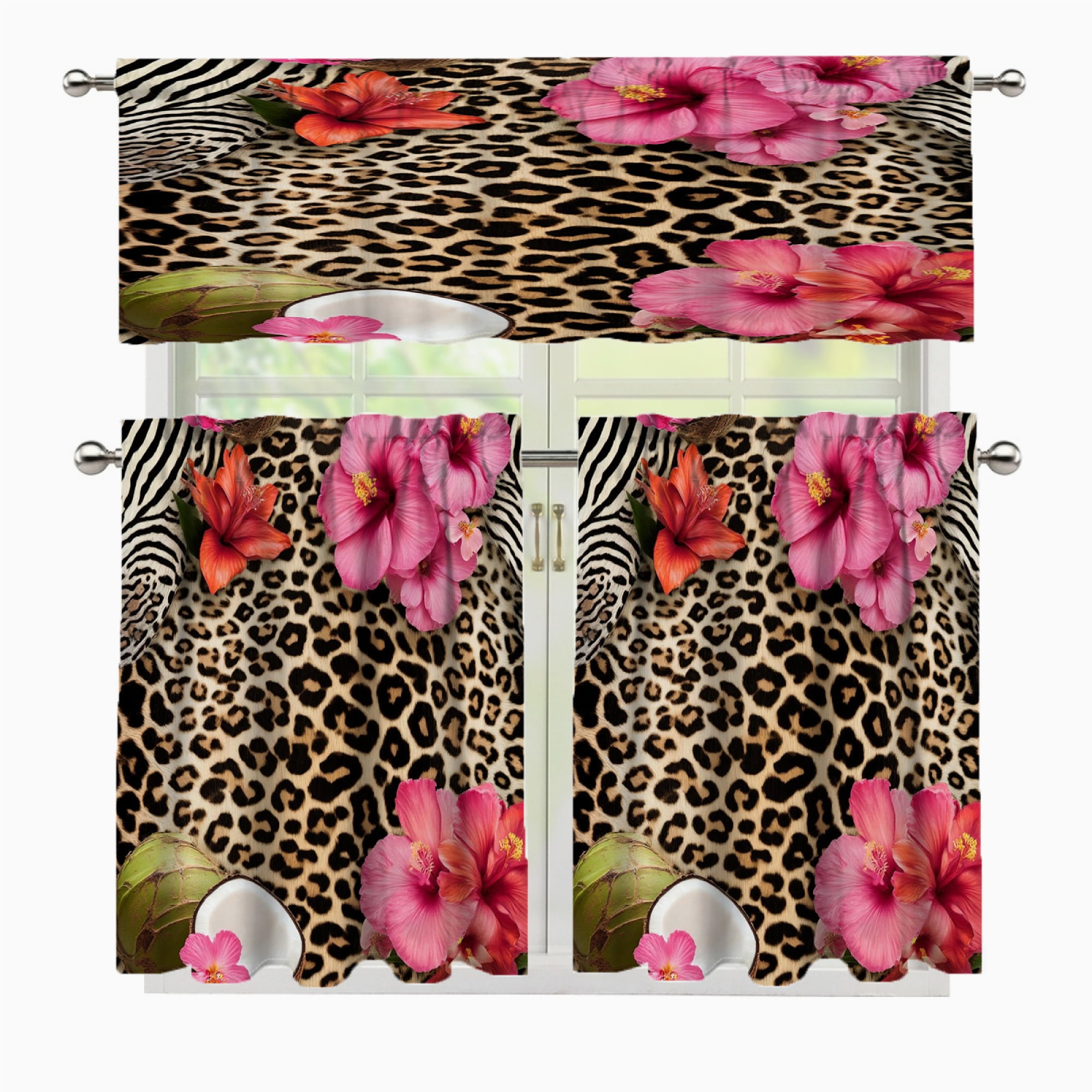 3 Pcs Kitchen Curtains Valance and Tiers Set Leopard print hibiscus ...
