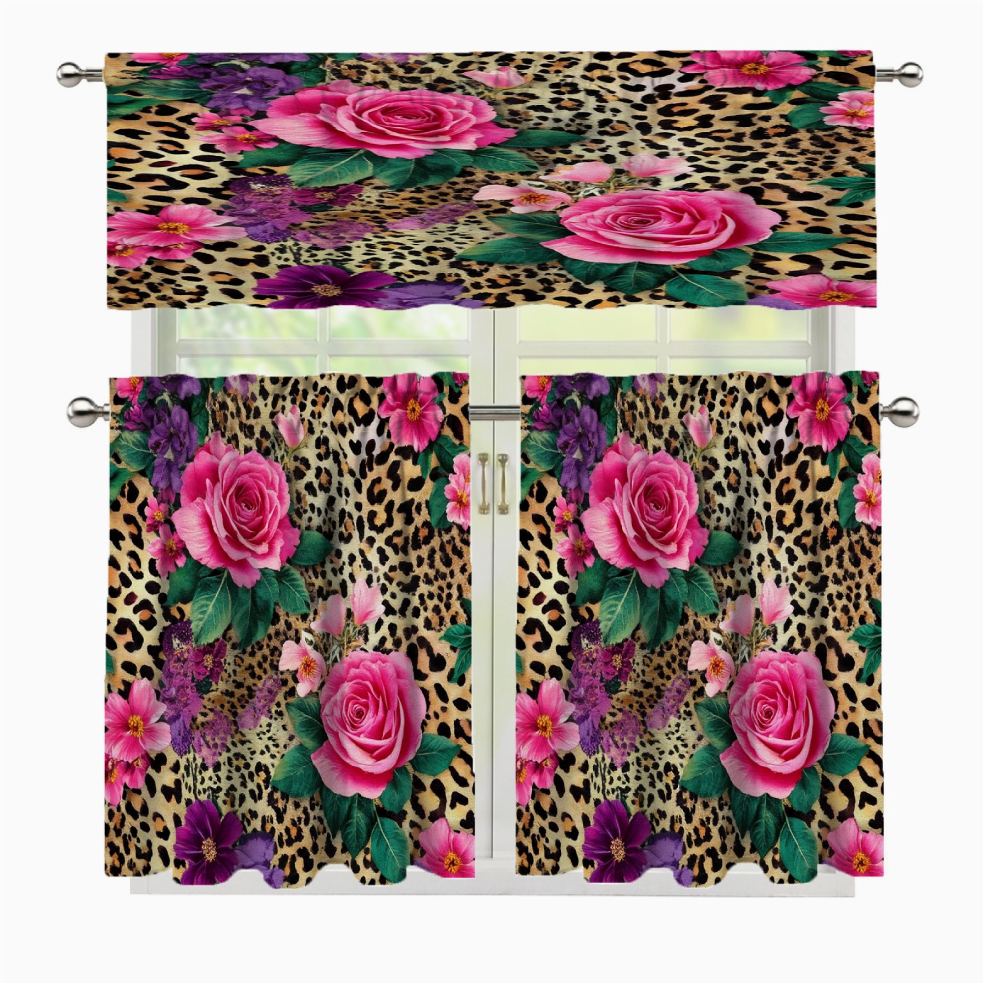 3 Pcs Kitchen Curtains Valance and Tiers Set Leopard print pink roses ...